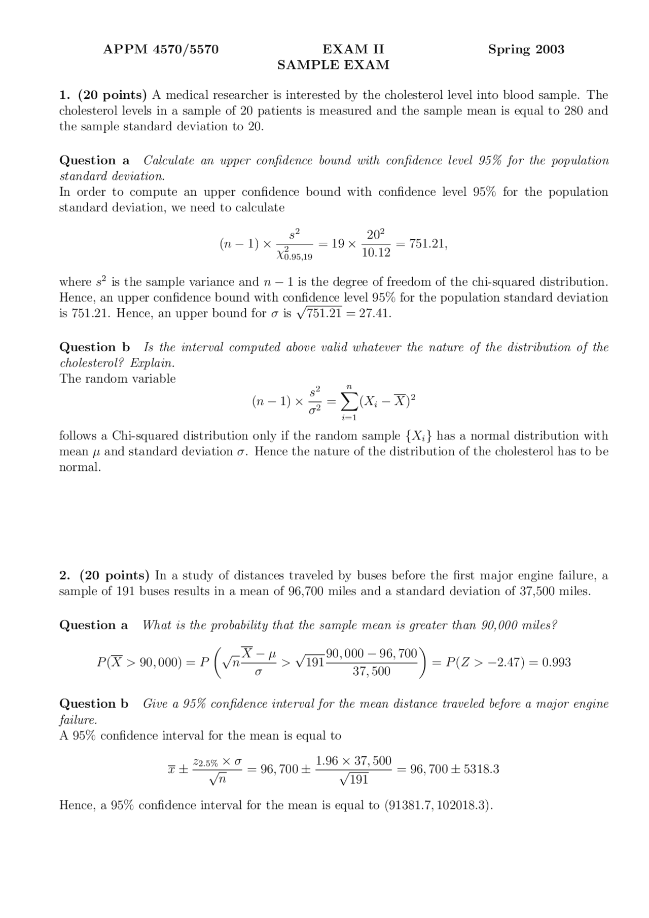 Sample Questions For Exam 1 Statistical Methods Appm 4570 Docsity