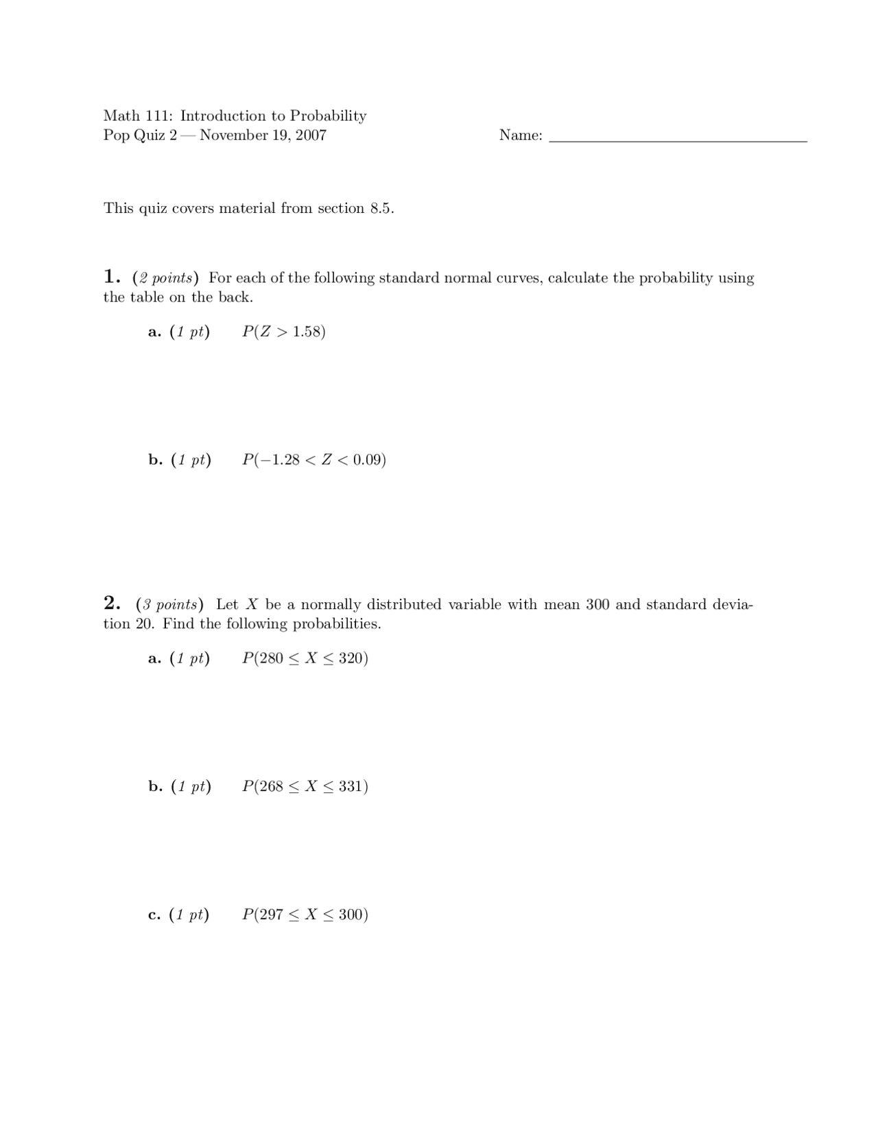 Math 111 Pop Quiz 2: Probabilities with Normal Distribution | Quizzes Probability and Statistics ...