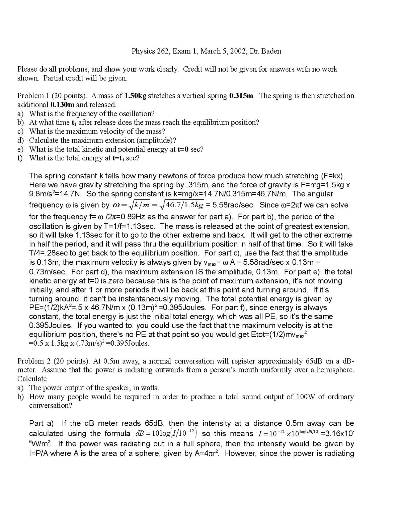Problems With Solution On Oscillation Exam 1 Phys 262 Docsity