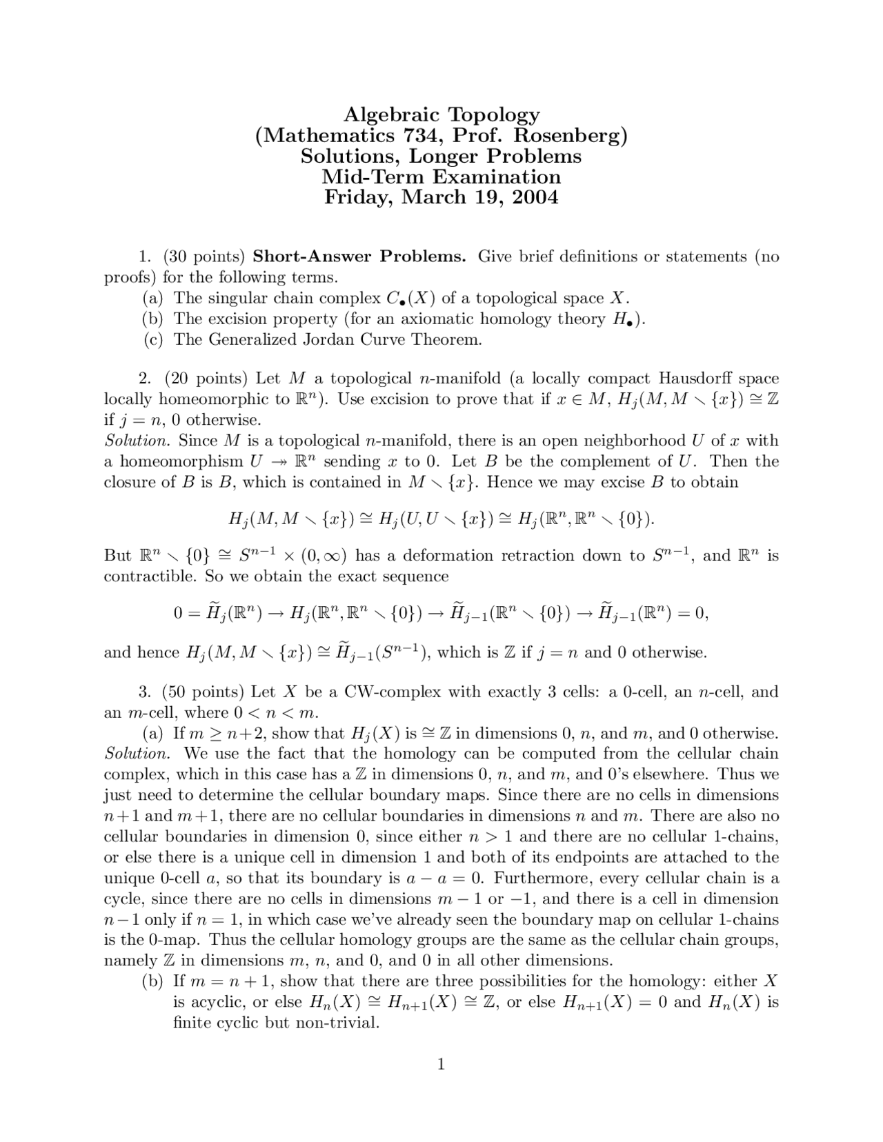 Midterm Examination With Solutions Algebraic Topology Math 734 Docsity