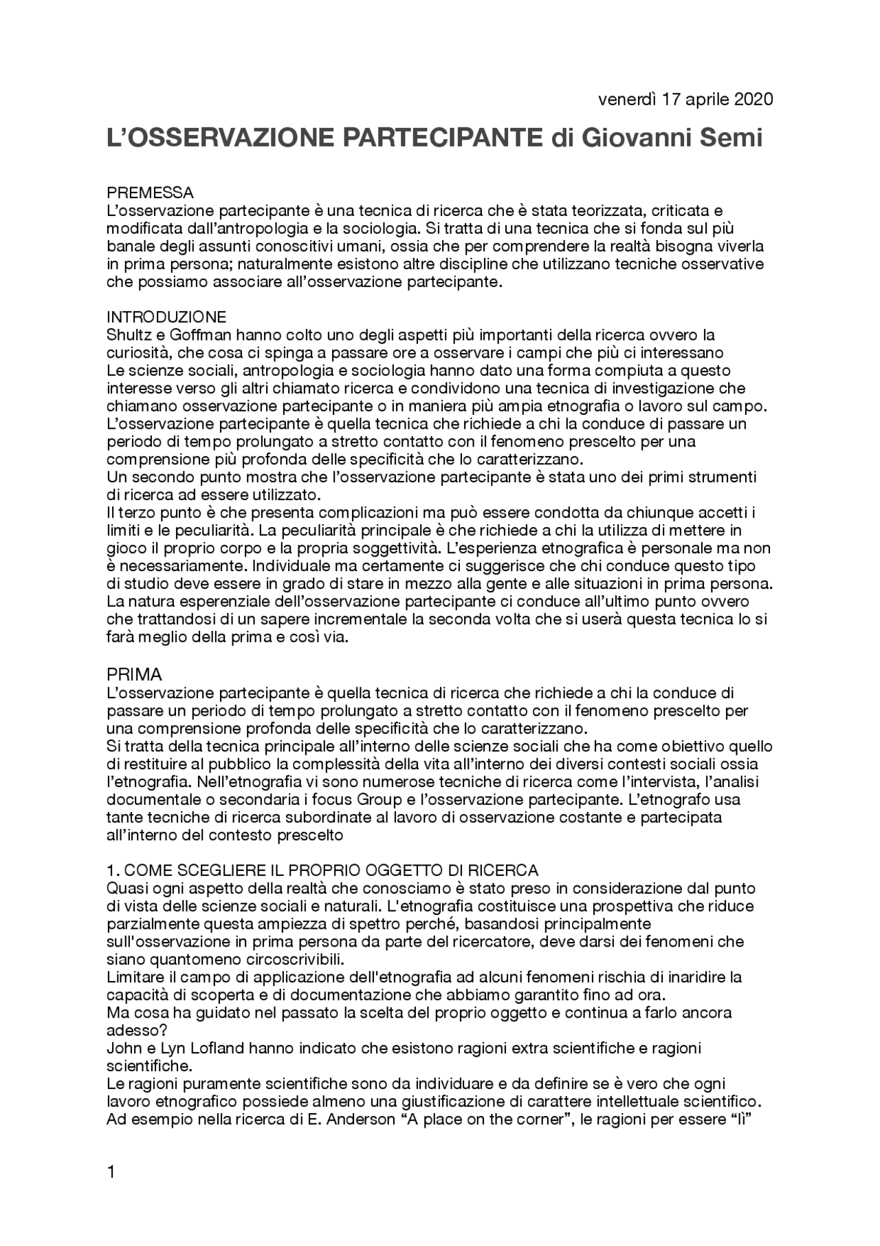 Osservazione Partecipante Di Giovanni Semi Docsity