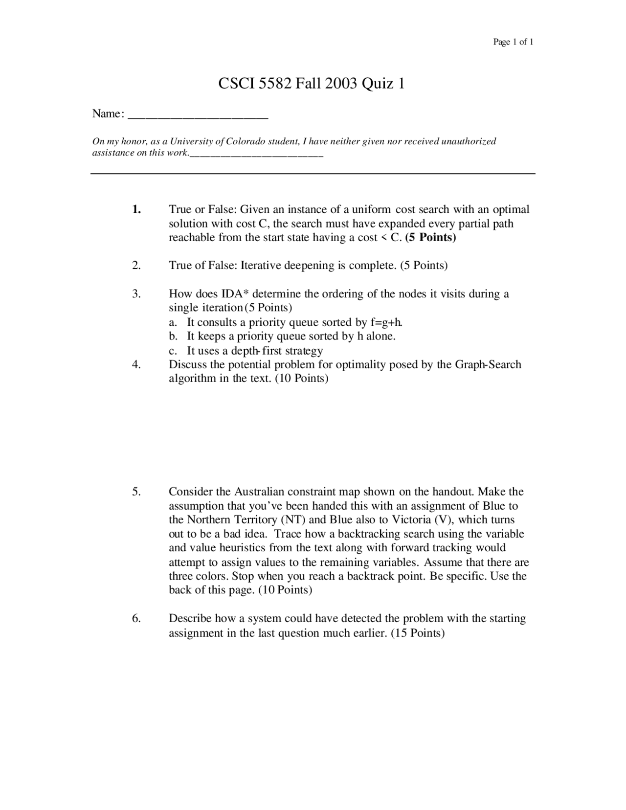 Quiz 1 Questions For Artificial Intelligence Fall 2003 Csci 5582 Docsity