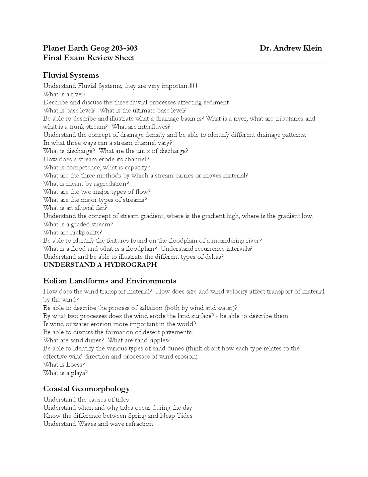 Planet Earth Final Exam Review Sheet Geog 203 Docsity