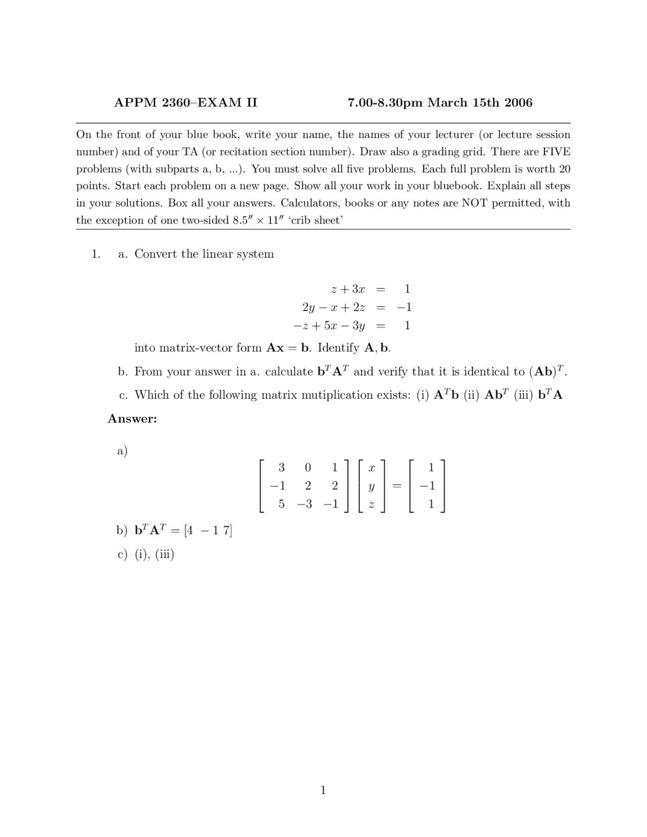 Exam 2 Questions With Solutions Introduction To Differential