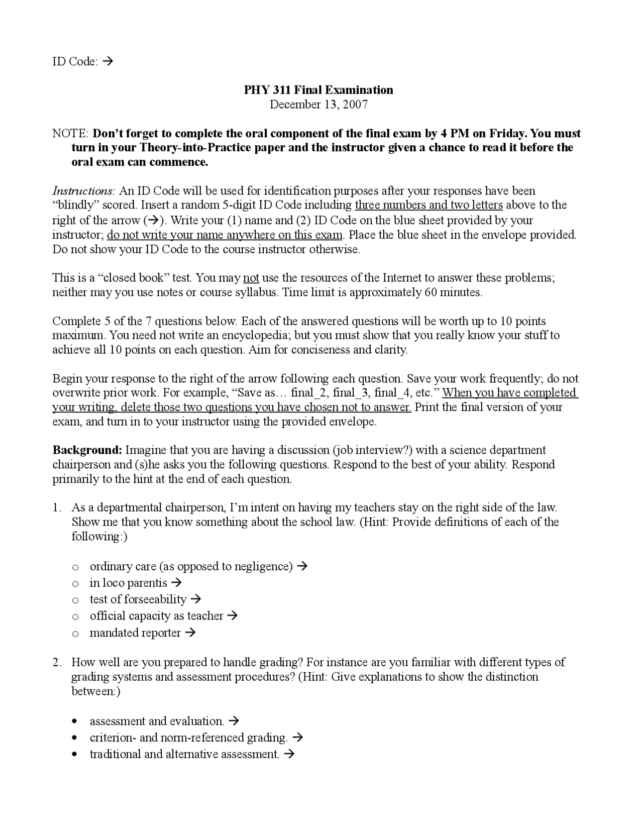 Final Examination - Teaching High School Physics | PHY 311.00 - Docsity