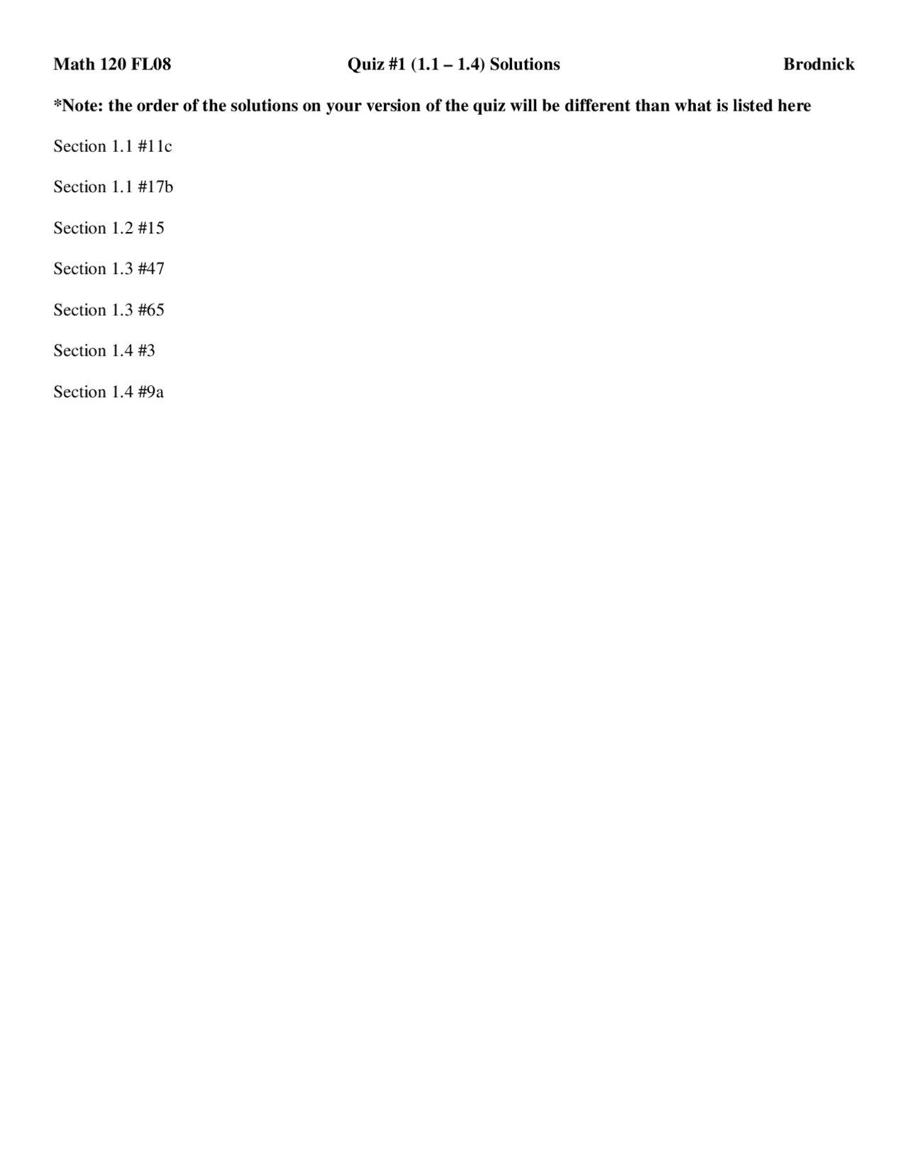 Finite Mathematics Solved Quiz 1 Fall 2008 Mat 12000 Docsity
