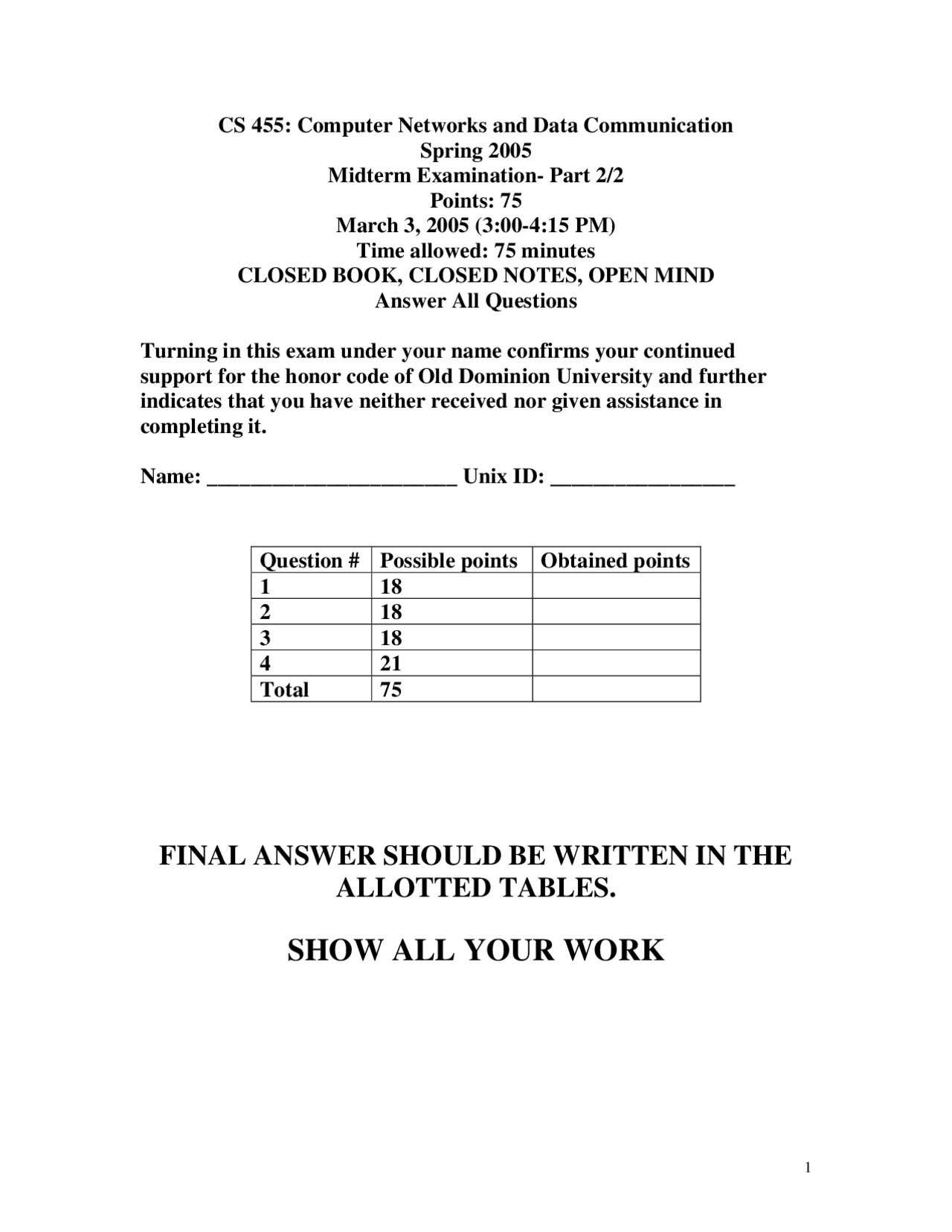 4 Questions On Data Communication And Network Midterm Exam Cs 455 Exams Computer Science