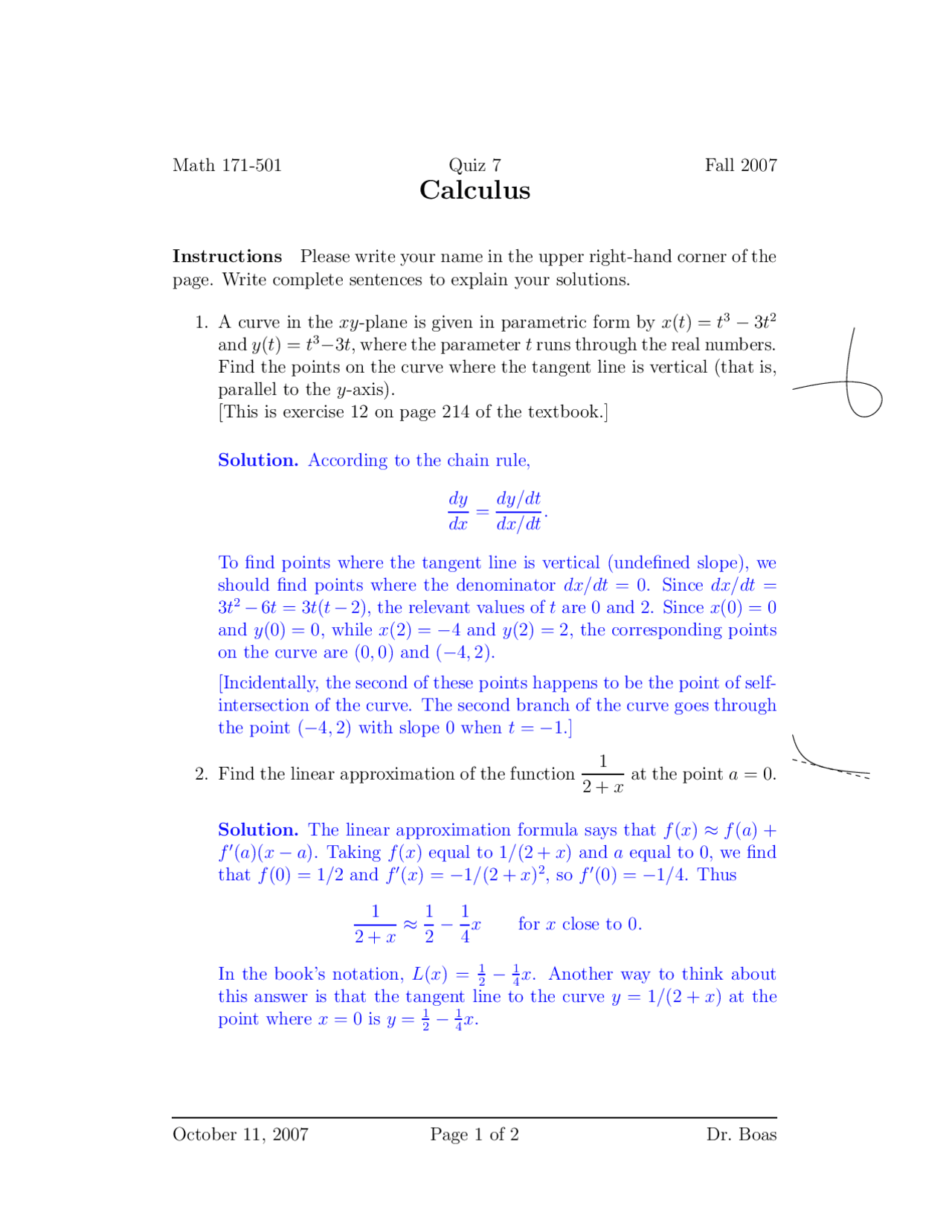 Solutions To Quiz 7 Analytic Geometry And Calculus Math 171