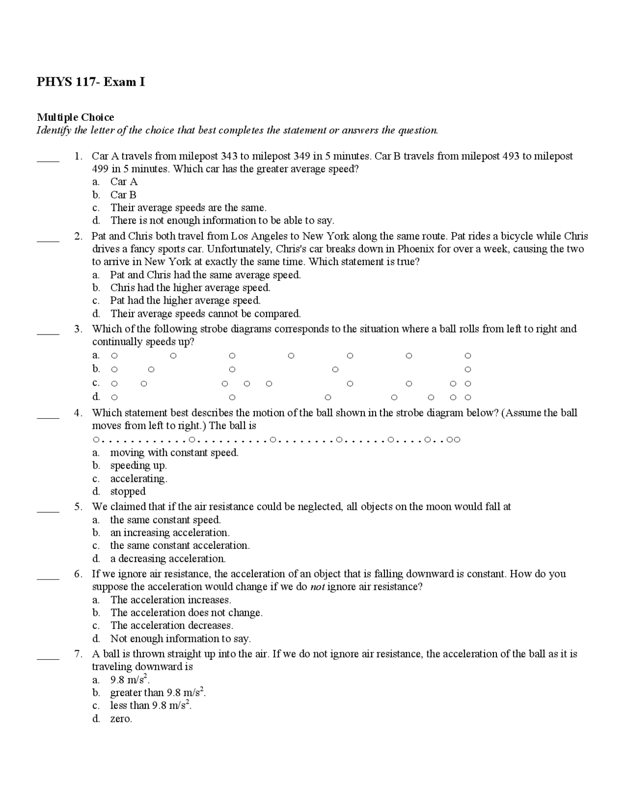 50 Solved Questions On Speed And Acceleration Exam 1 Phys 117 Docsity