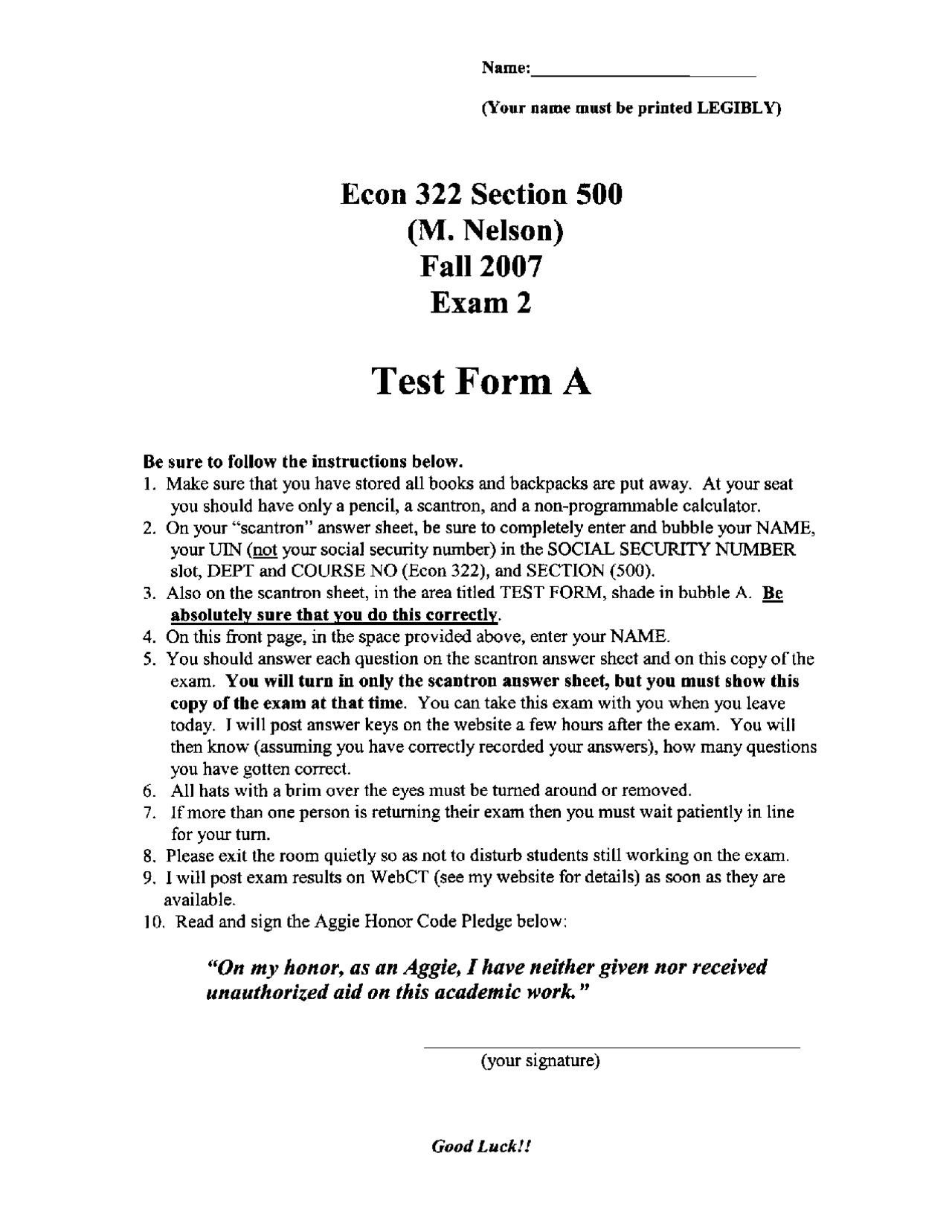 Exam 2 Applied Microeconomic Theory Fall 2007 Econ 322 Docsity