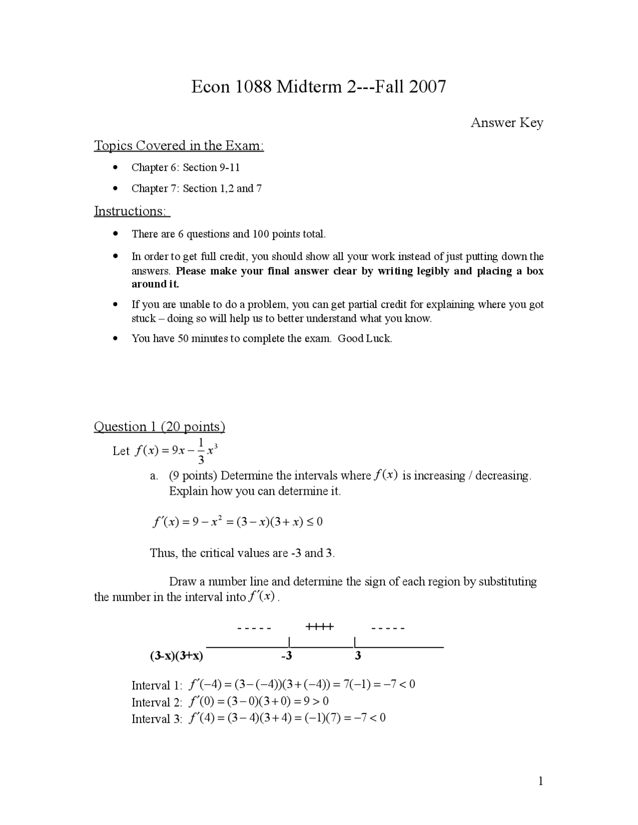 Solution Of Midterm Exam 2 Fall 2007 Econ 1088 Docsity
