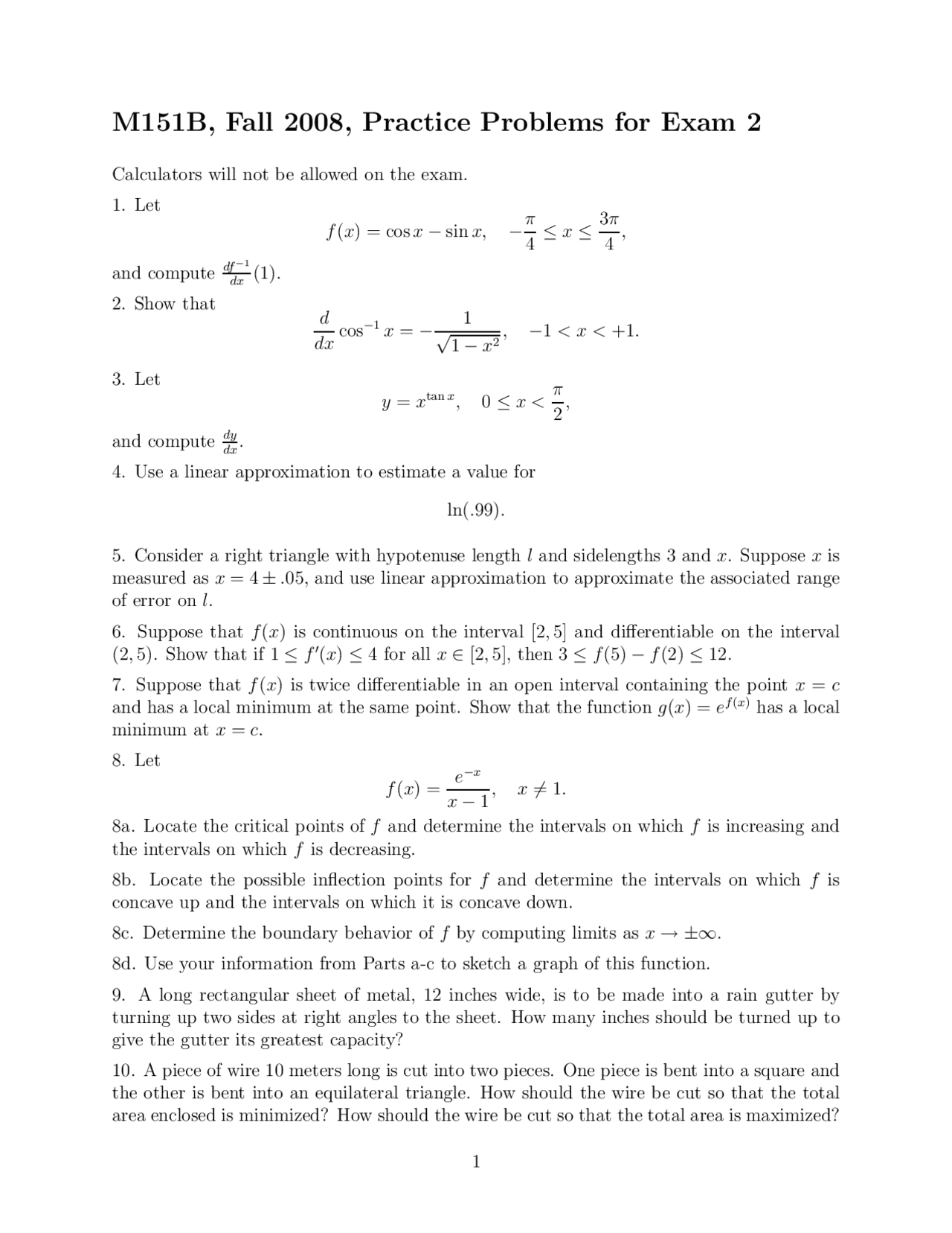 Solutions For Exam 2 Honor Engineering Mathematics I Math 151 Docsity