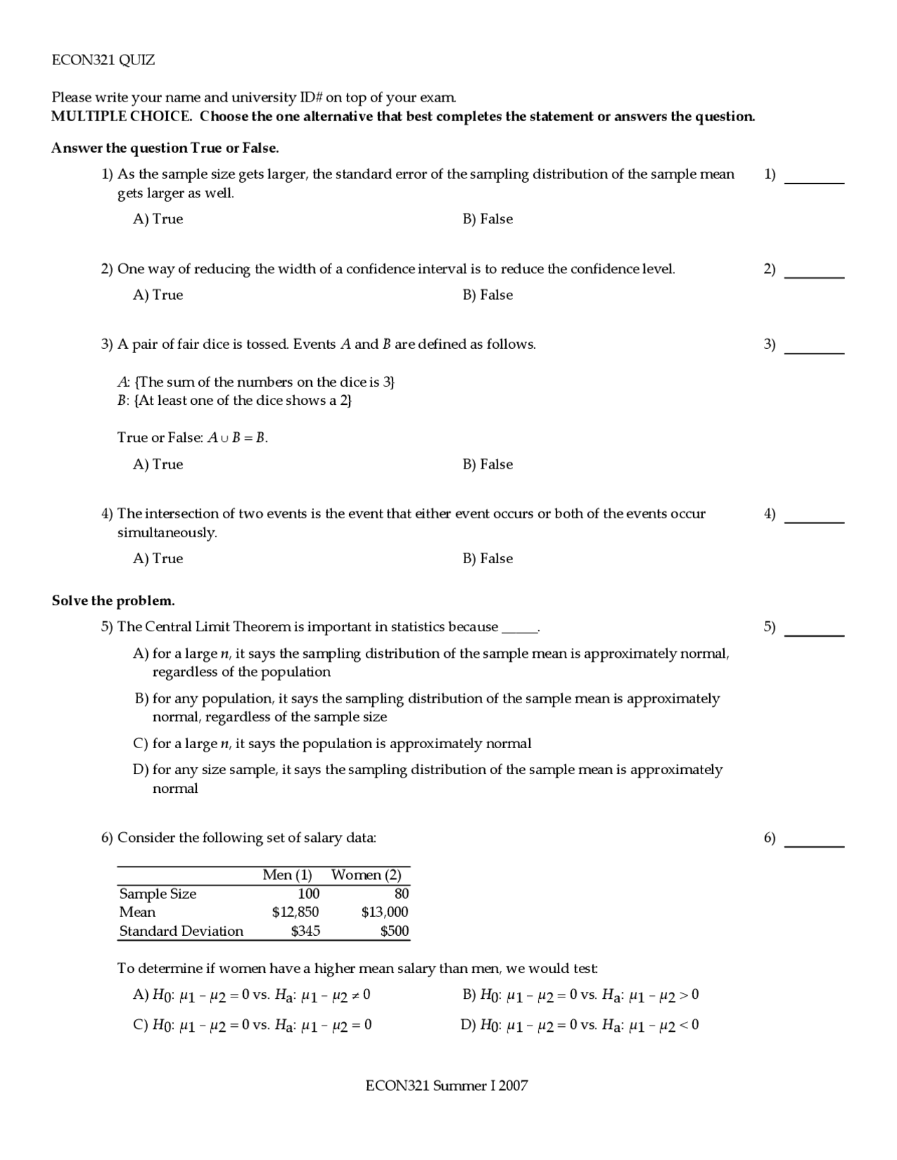 Quiz With Answer Key Economic Statistics Econ 321 Docsity