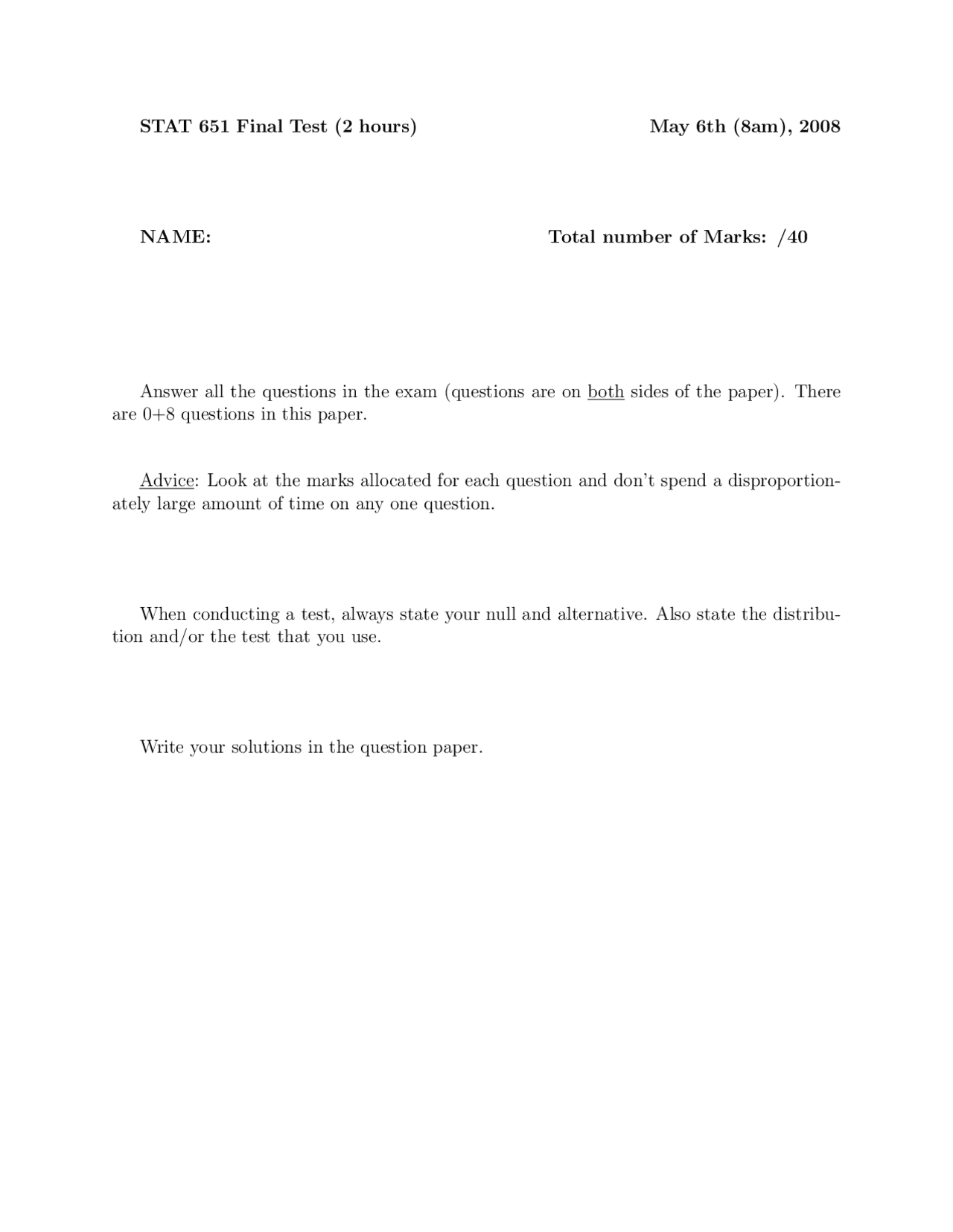 Practice Final Exam Statistics In Research I Stat 651 Docsity