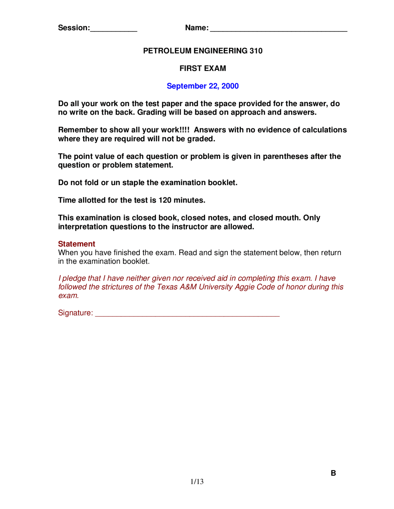 Petroleum Engineering - Reservoir Fluids - Exam 1 | PETE 310 | Exams Engineering | Docsity