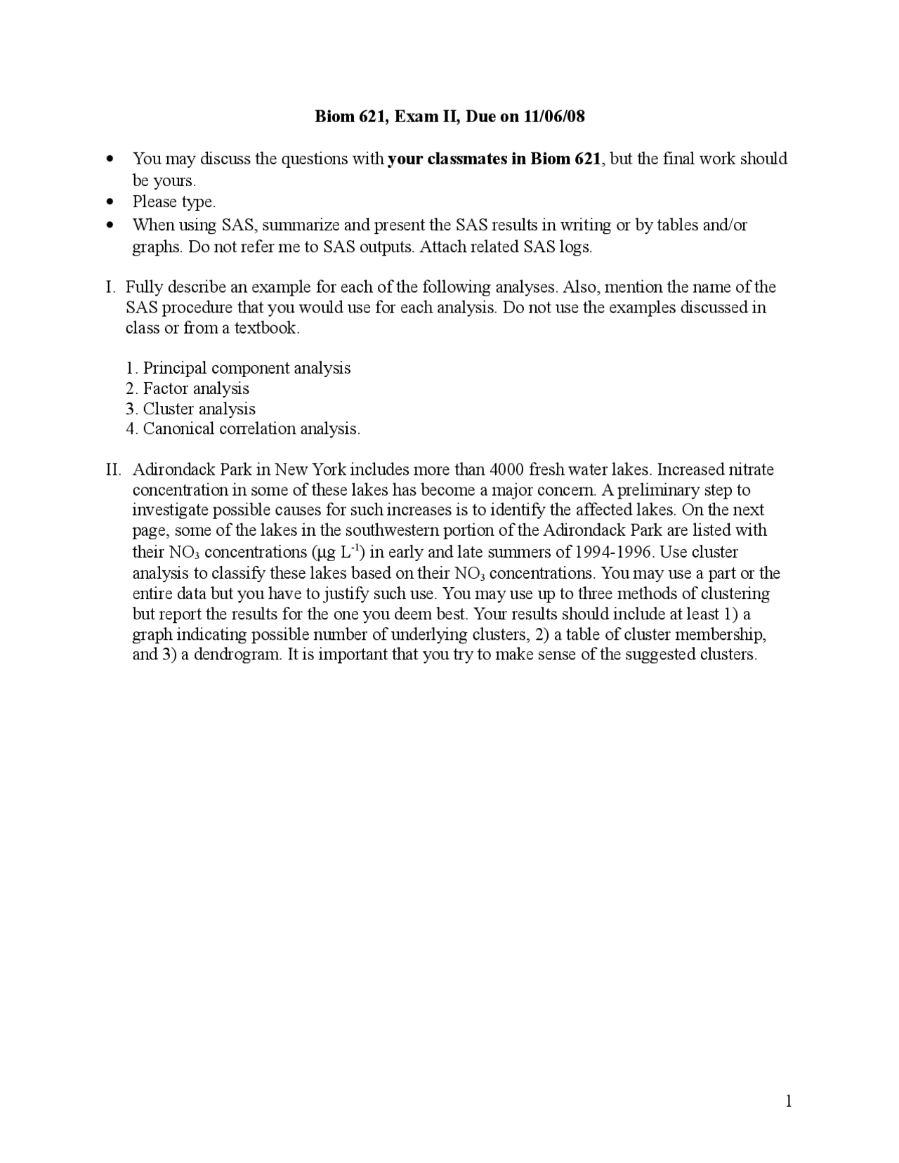 Exam 2 Applied Multivariate Statistics Fall 2008 Biom 621 Docsity