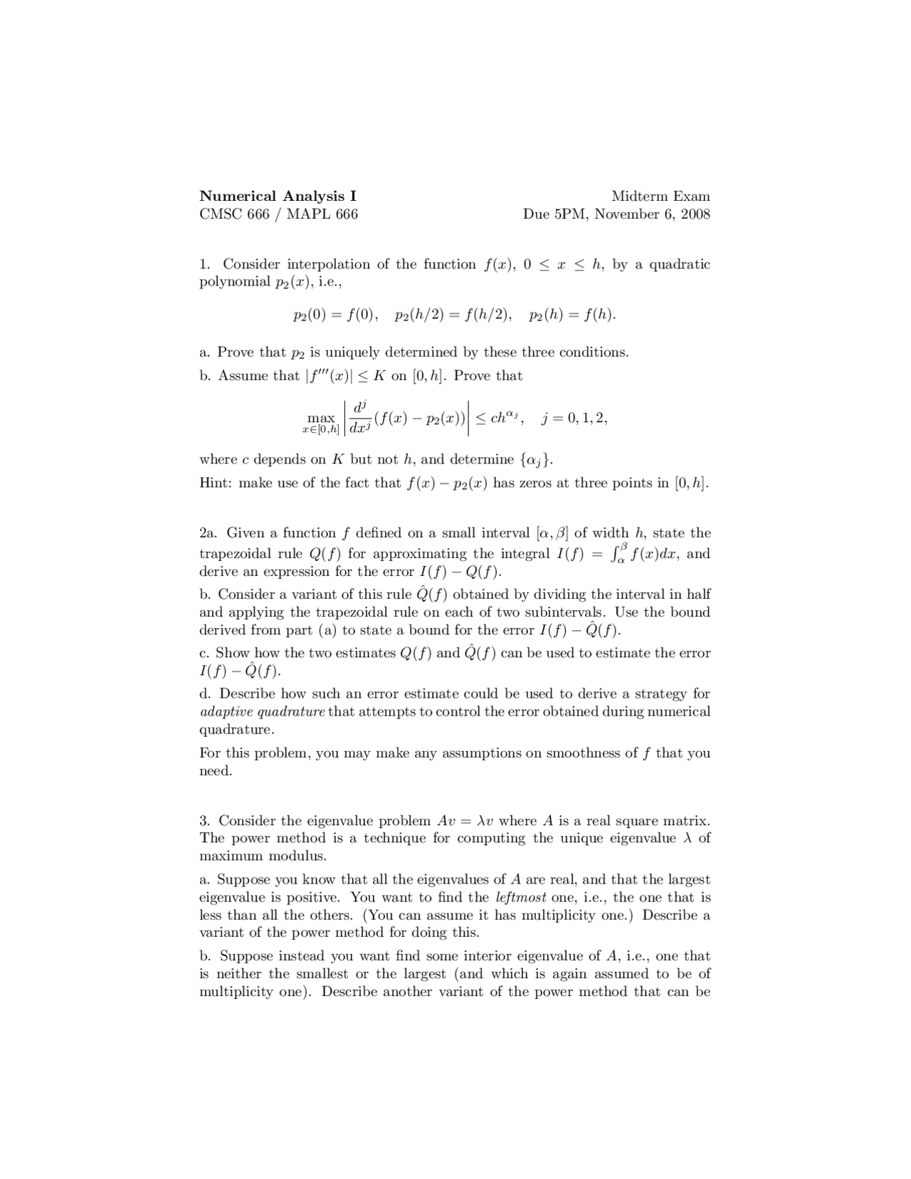 Questions With Answers Midterm Examination Numerical Analysis I Cmsc 666 Docsity