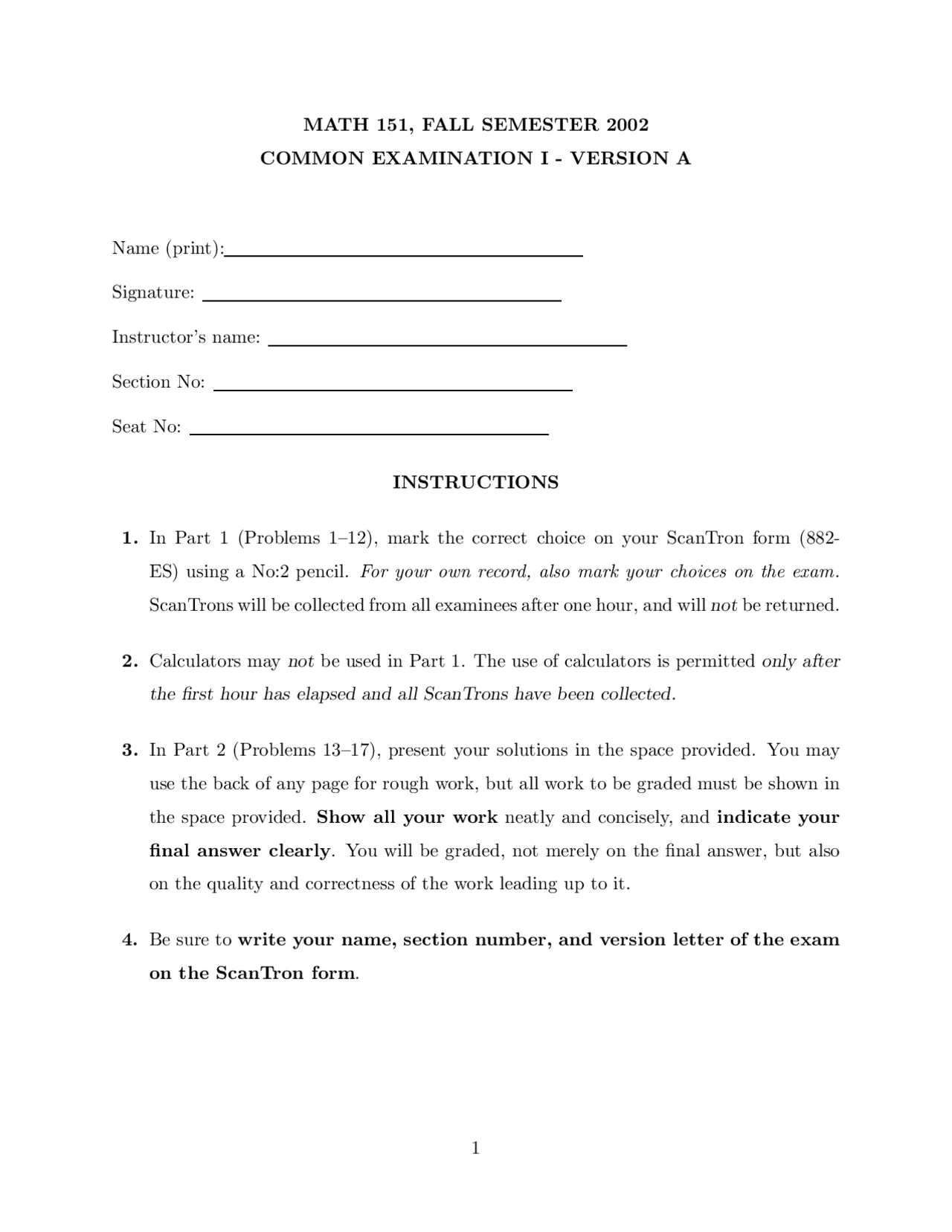 Exam 1 Version A Honor Engineering Mathematics I Math 151 Docsity