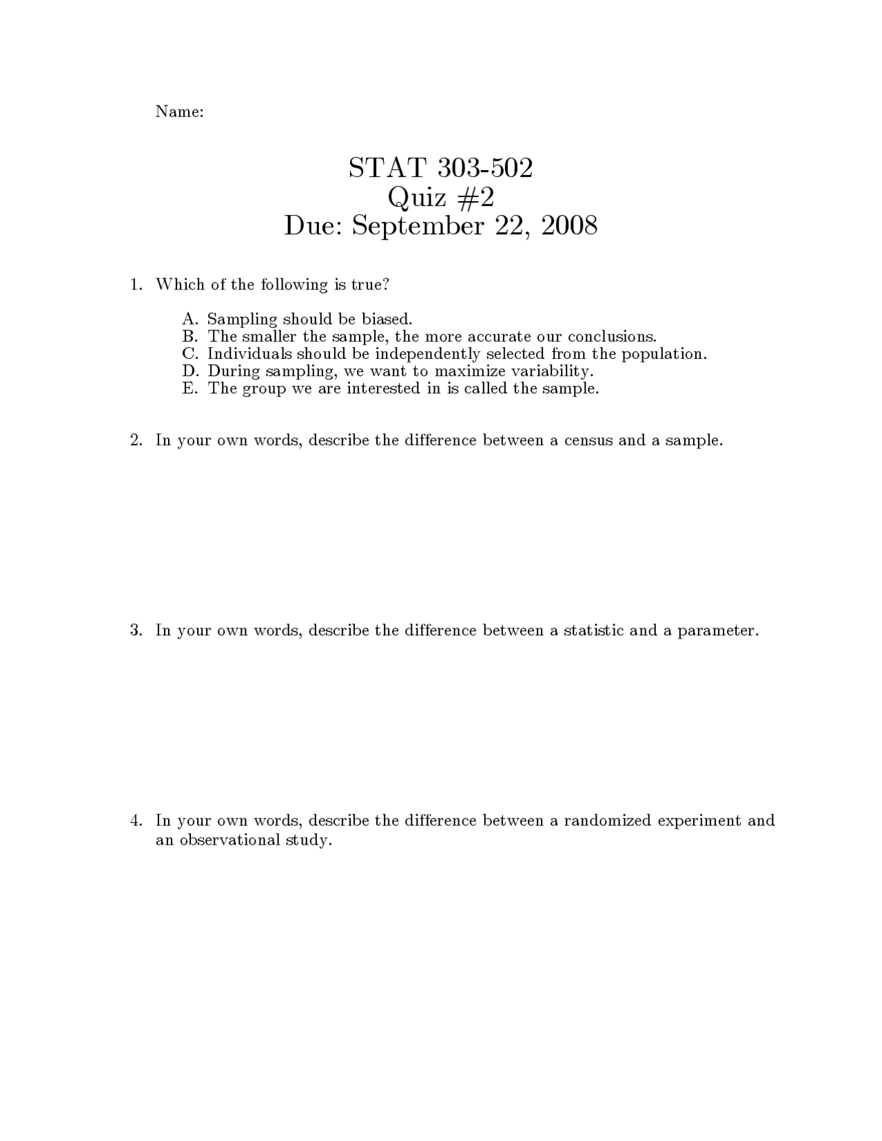 Statistics Methods Quiz 2 Fall 2008 Stat 303 Docsity