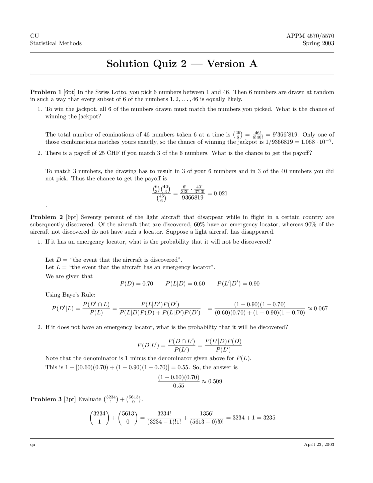 Solution Quiz 2, Version A for Statistical Mechanics | APPM 4570 - Docsity
