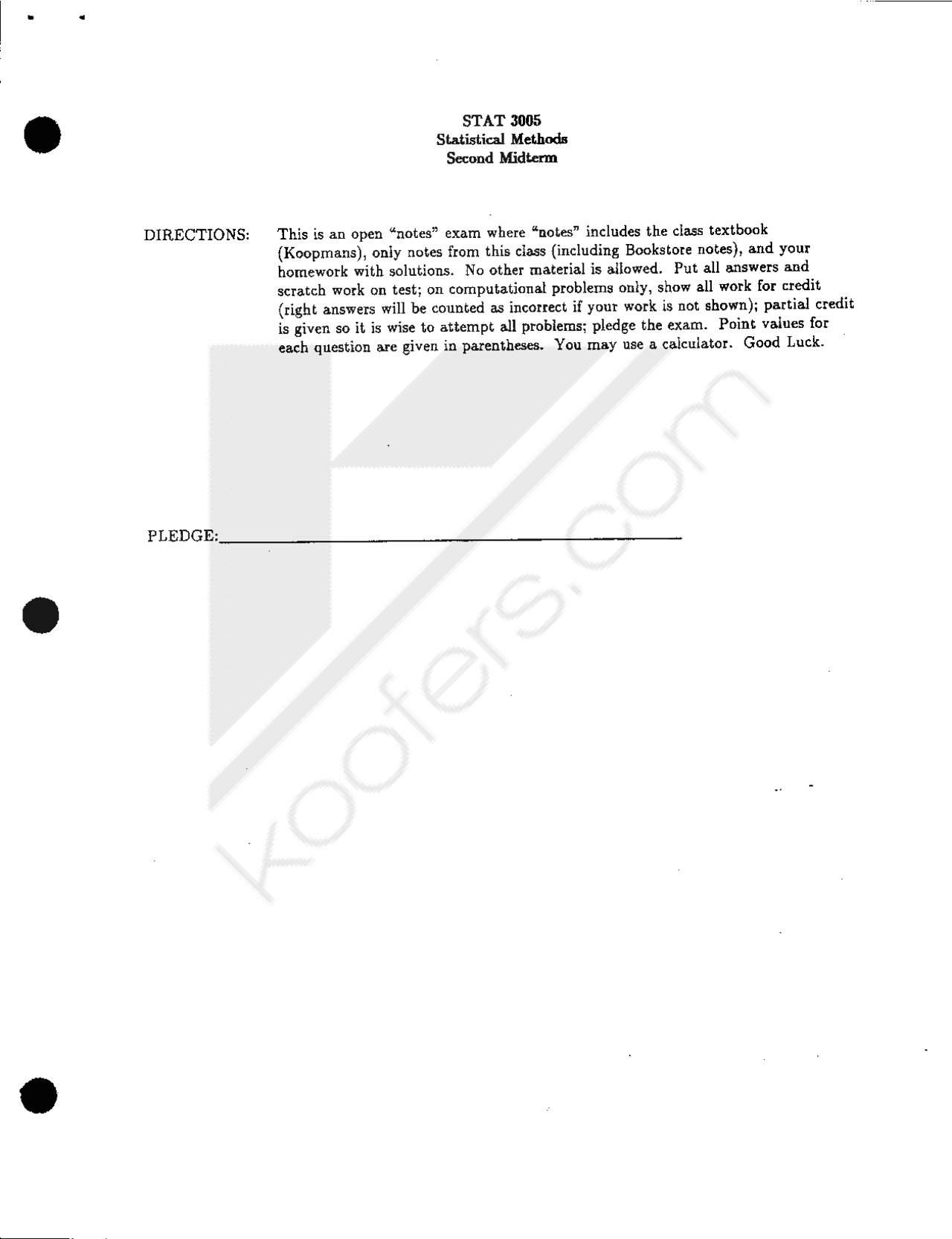 Second Midterm Exam With Answers Statistical Methods Stat 3005