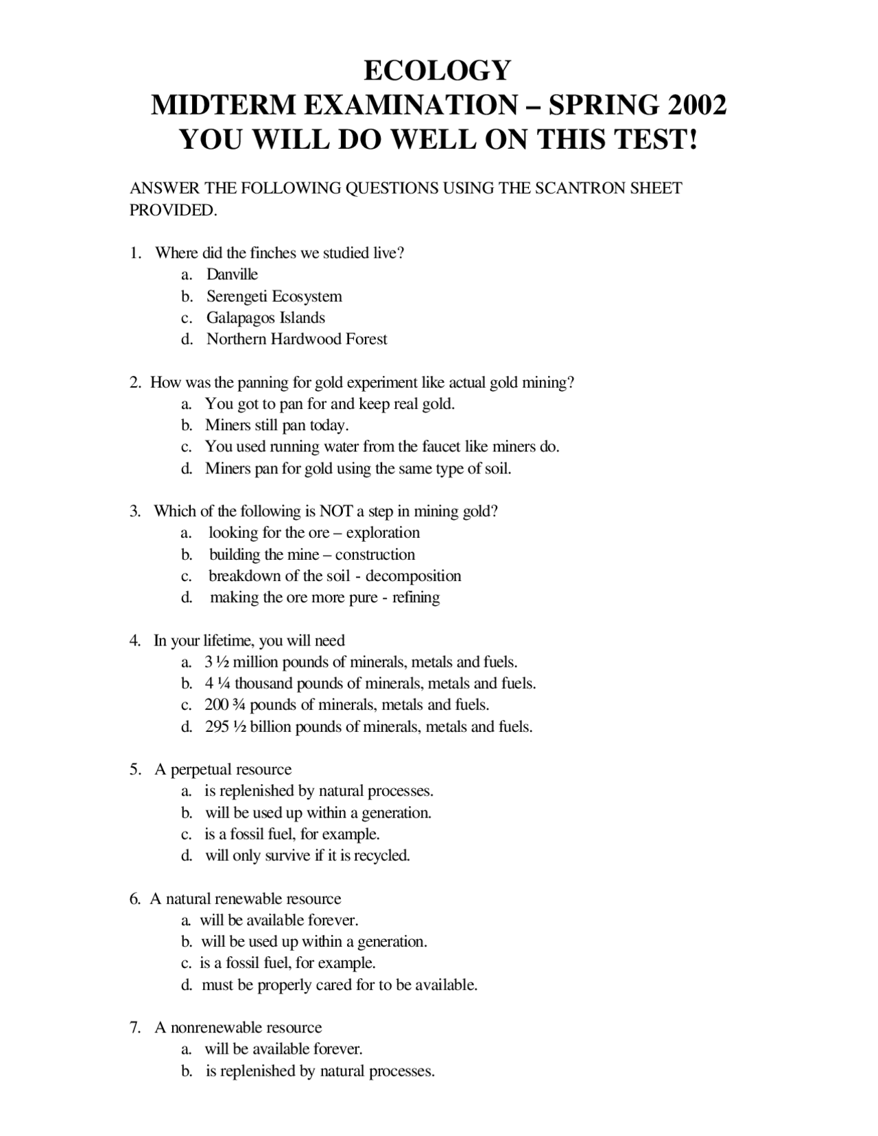 Ecology - Midterm Exam Questions - Spring 2002 | BIOL 2804 | Exams ...