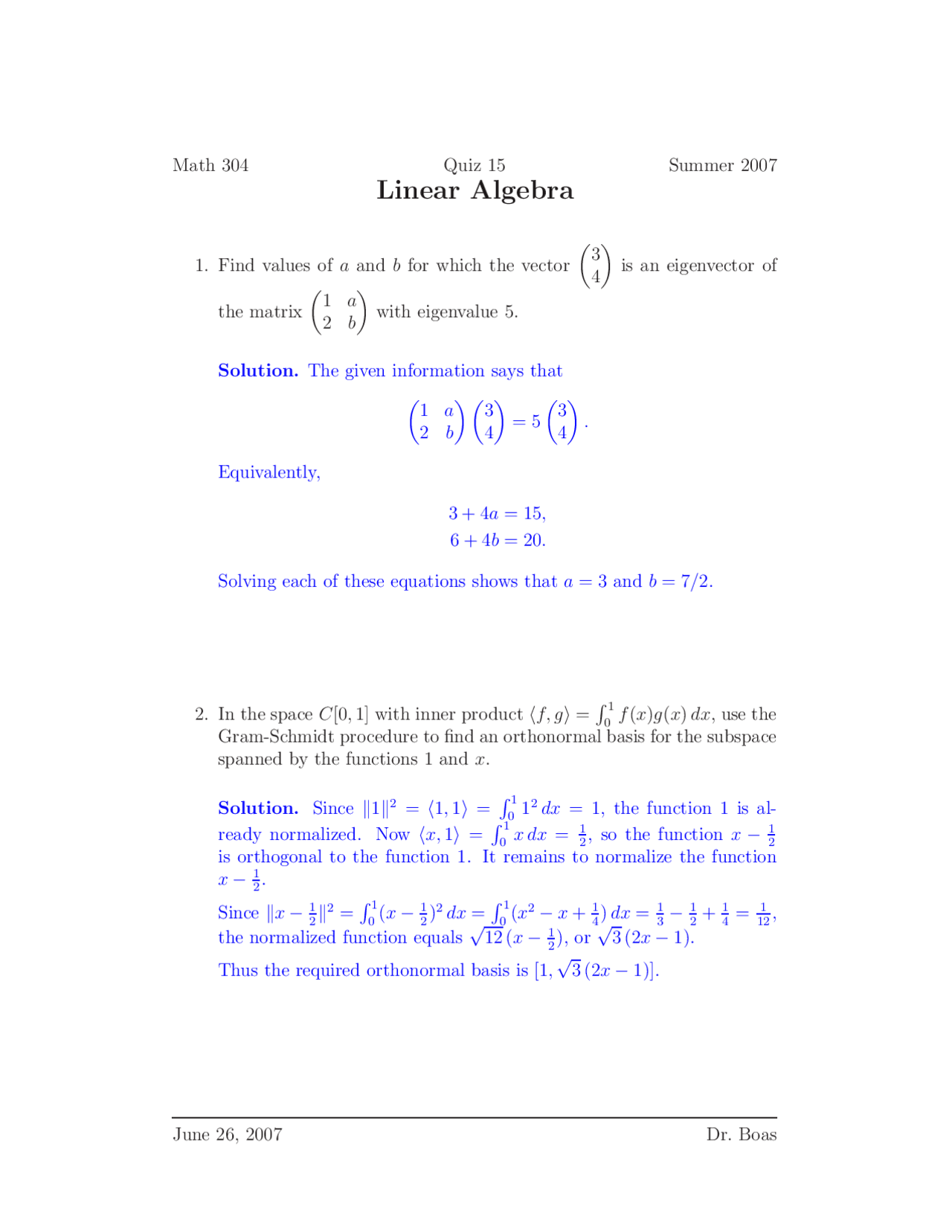 Quiz 15 With Solutions For Linear Algebra Math 304 Docsity