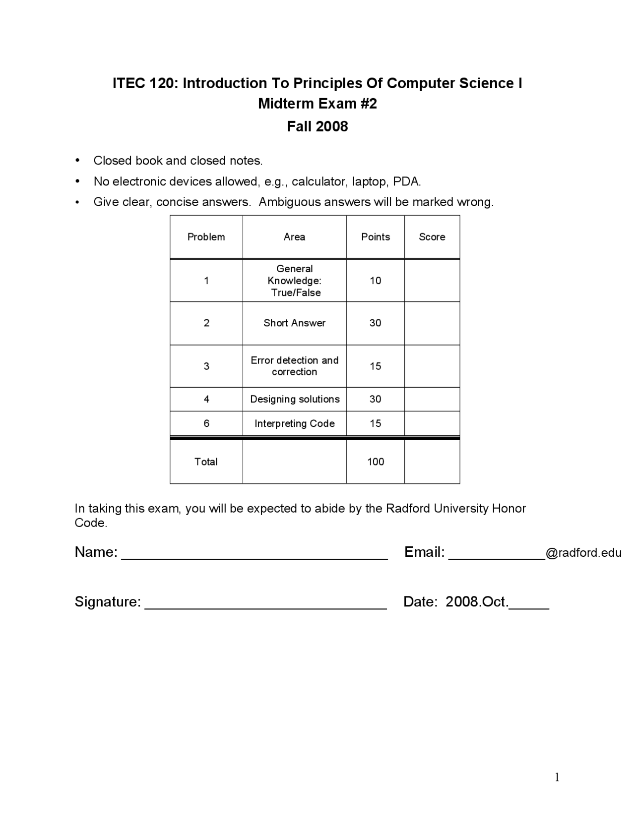 Principles Of Computer Science I Midterm Exam 2 Fall 2008 Itec