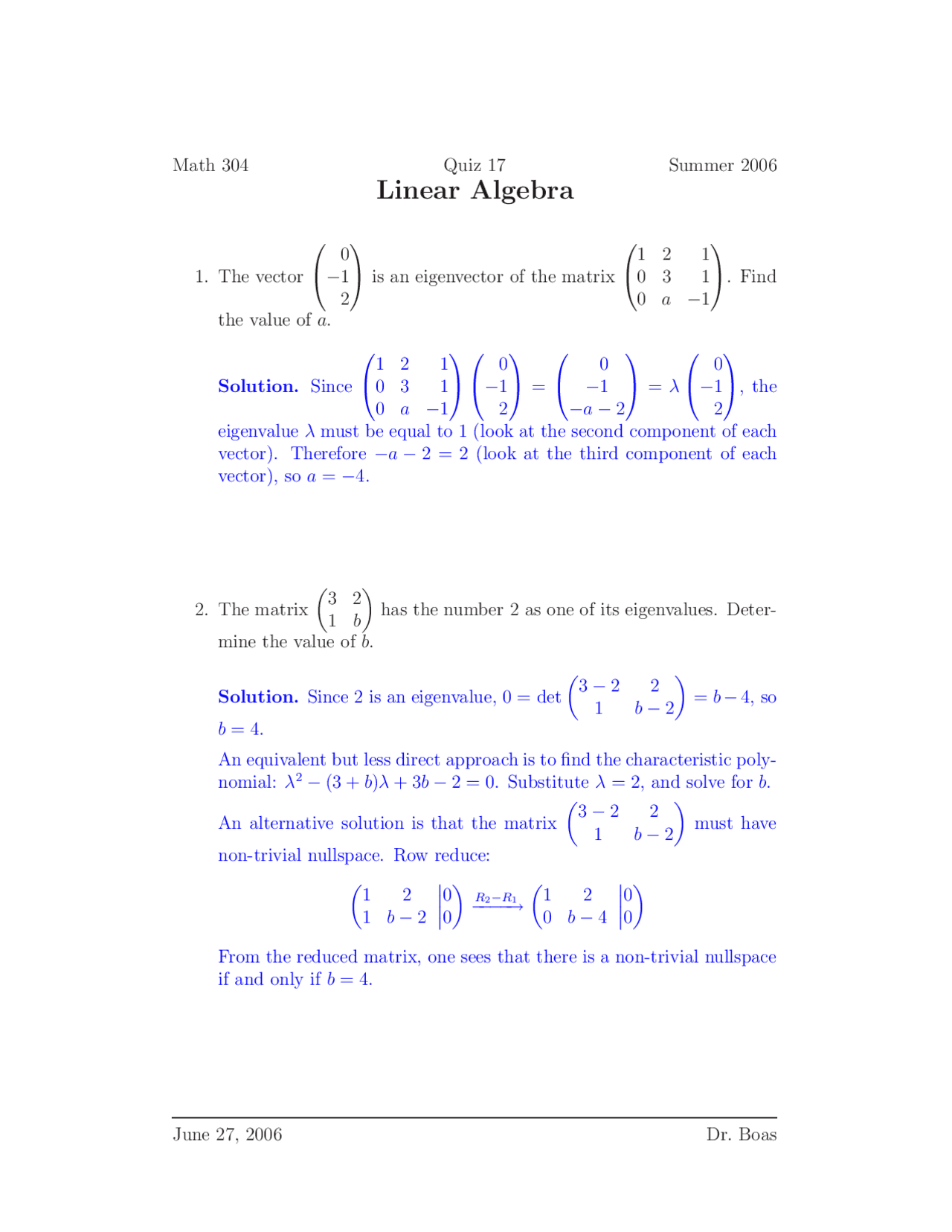Quiz 17 With Answer Key Linear Algebra Math 304 Docsity