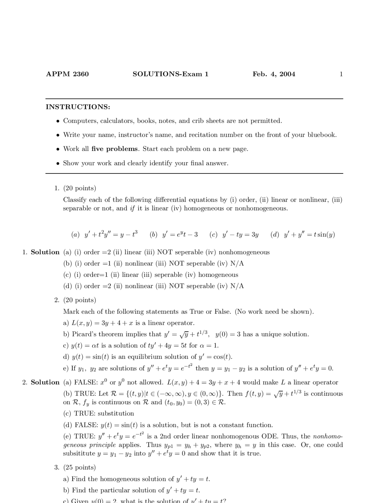 Test 1 On Introduction To Differential Equations With Linear Algebra