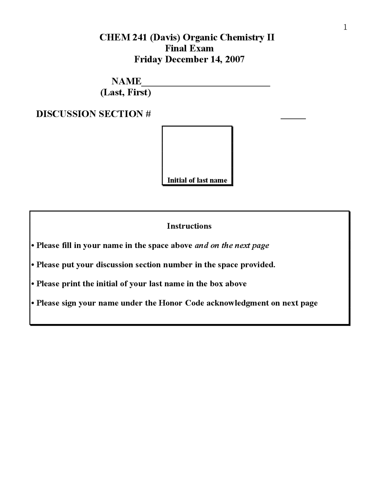 Final Exam Organic Chemistry Ii Fall 2007 Chem 241 Docsity