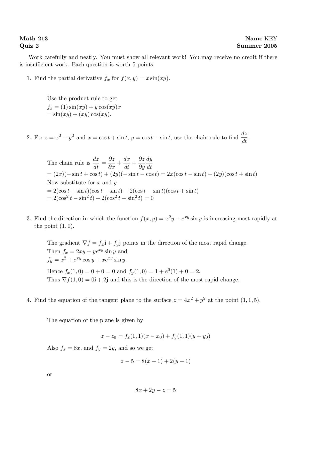4 Solved Questions To Find The Partial Derivatives Quiz 2 Math 213 Docsity