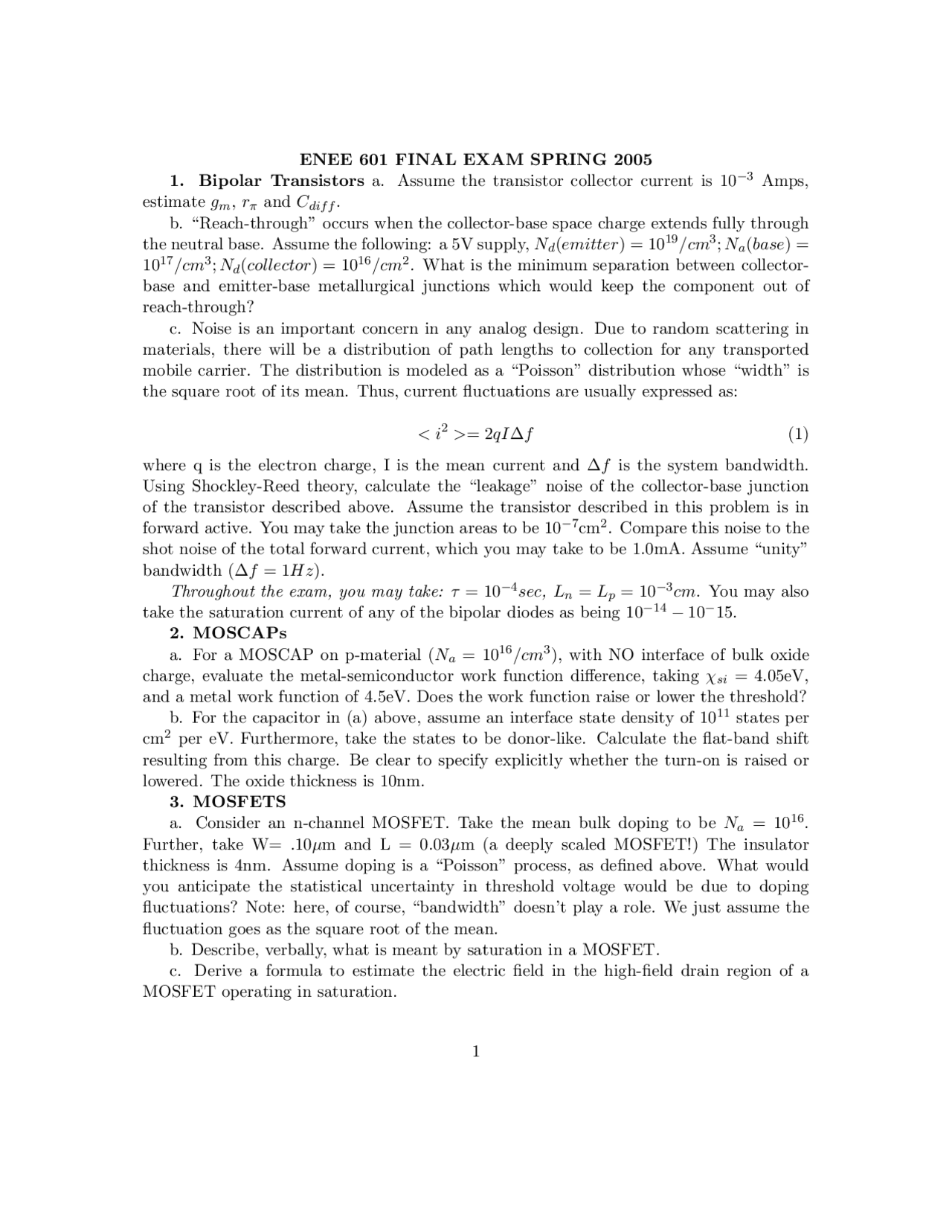 Final Exam Answers Semiconductor Device Technology Enee 601 Exams