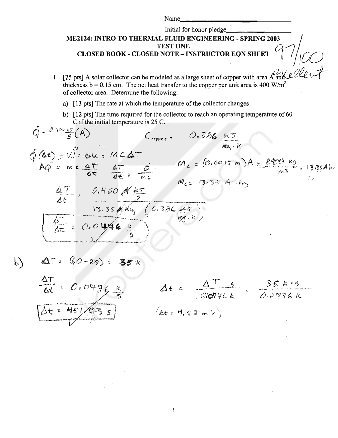 Test 1 With Solution Introduction To Thermal Fluid Me 2124 Docsity
