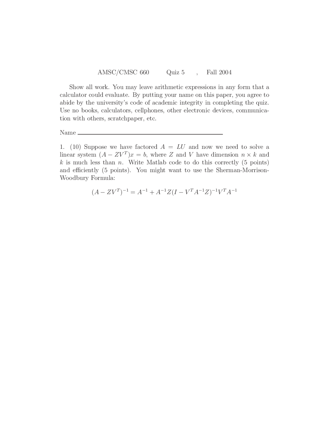 Quiz 5 in AMSC/CMSC 660: Linear Algebra and Numerical Methods, Fall 2004 | Quizzes Mathematics ...