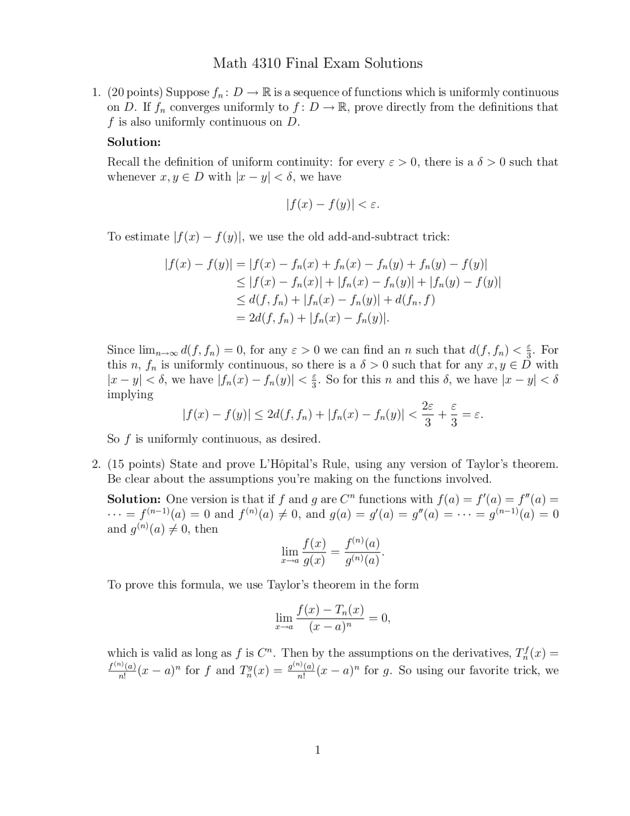 Solutions To Final Examination Introduction To Analysis Math 4310