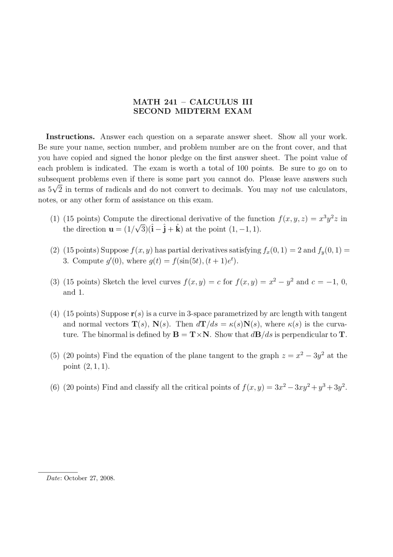 Practice Midterm Exam 2 Calculus Iii Math 241 Docsity