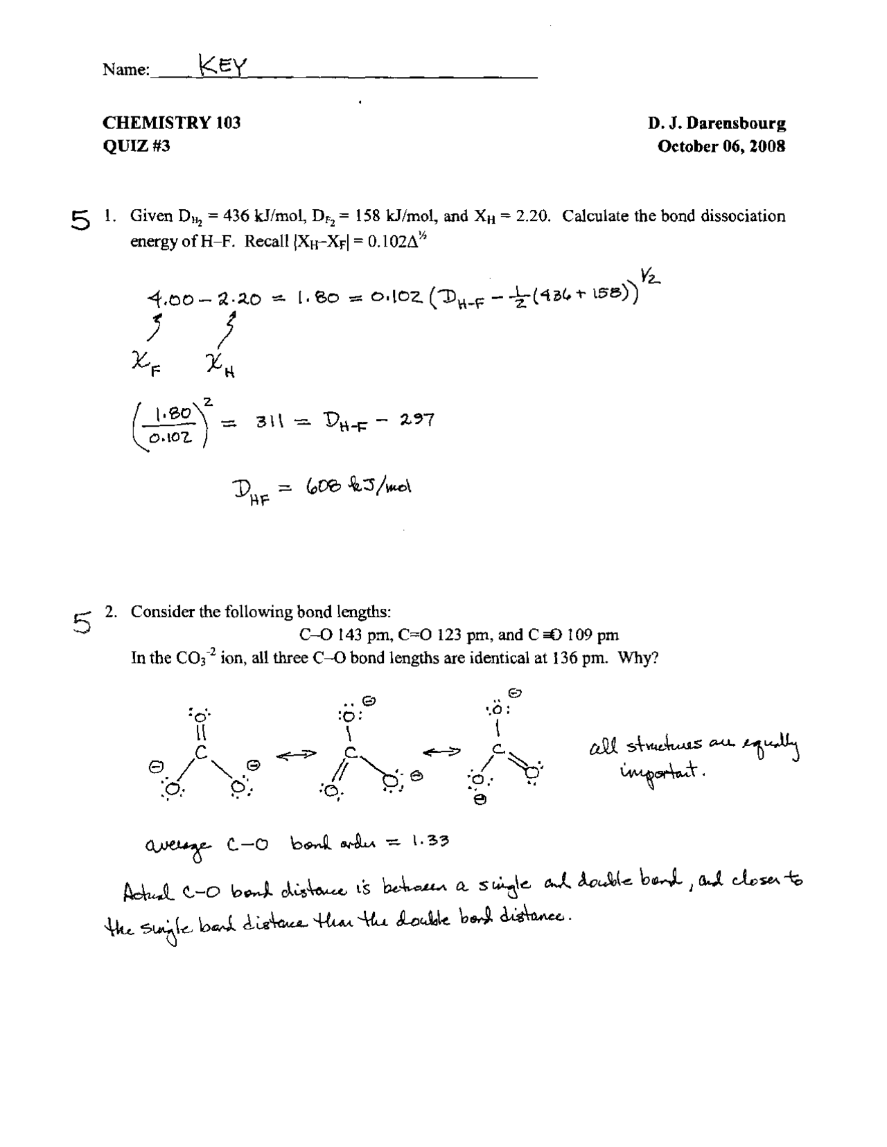 Quiz 3 With Solutions For Structure And Bonding Chem 103 Docsity