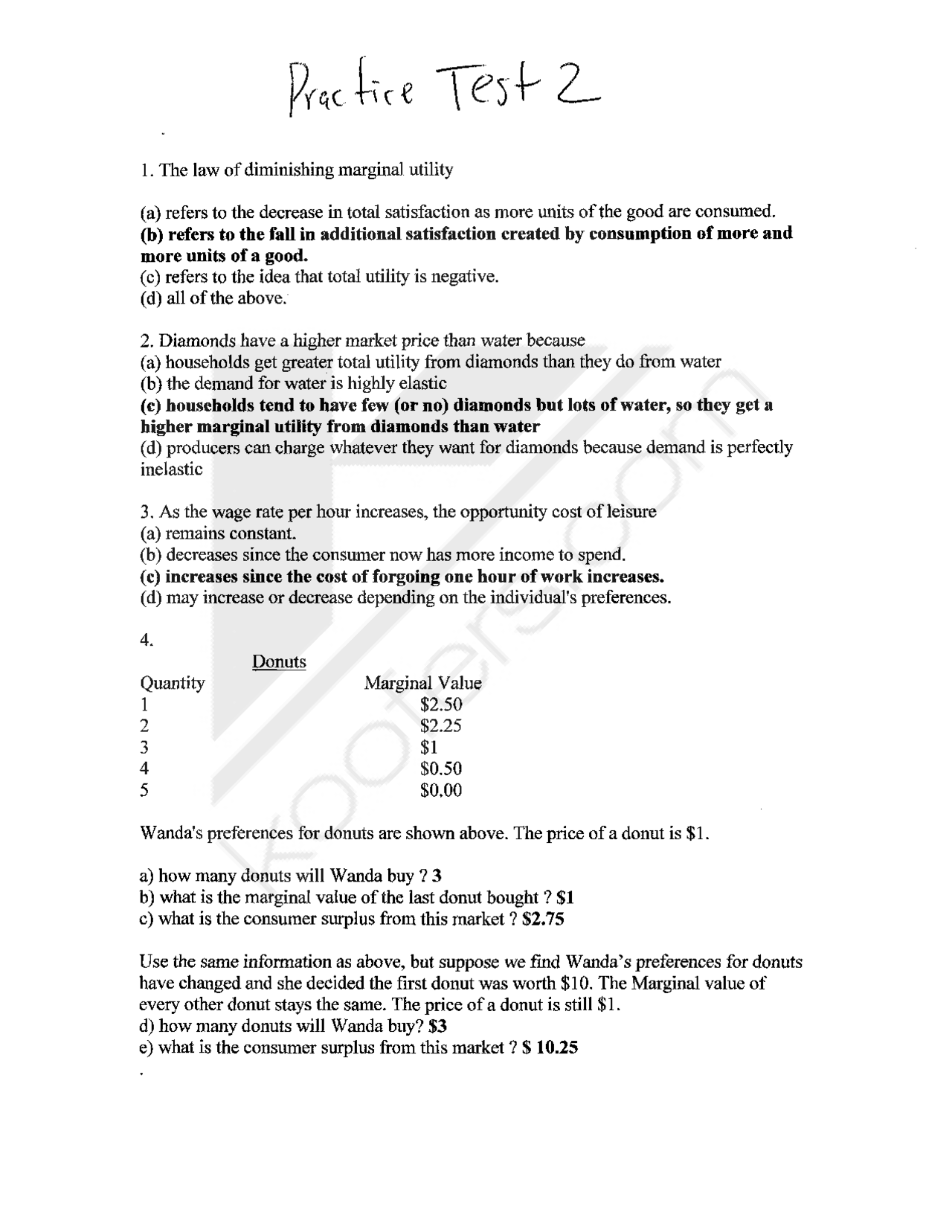 Principles Of Economics Practice Test Ii With Answer Key Econ 2005