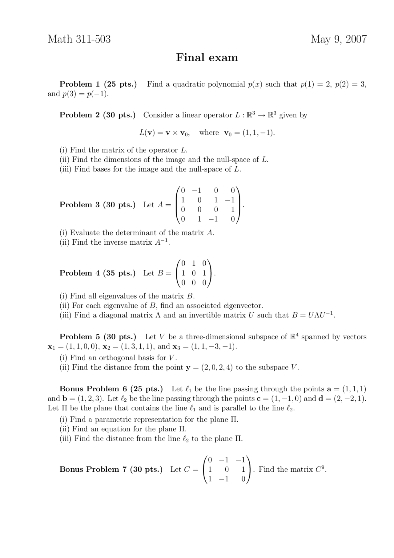 7 Problems On Applied Mathematics Final Exam Math 311 Exams