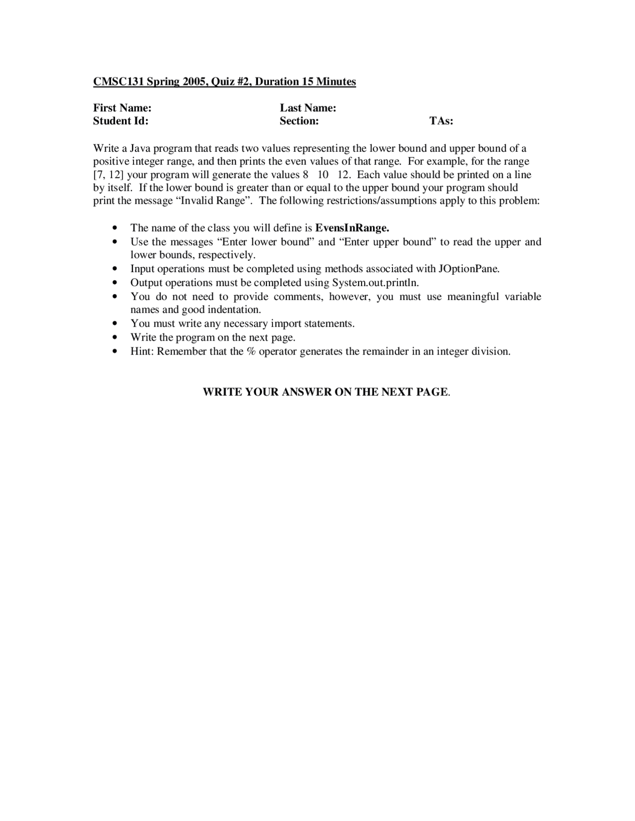 Practice Quiz 2 Object Oriented Programming I Cmsc 131 Docsity 3263