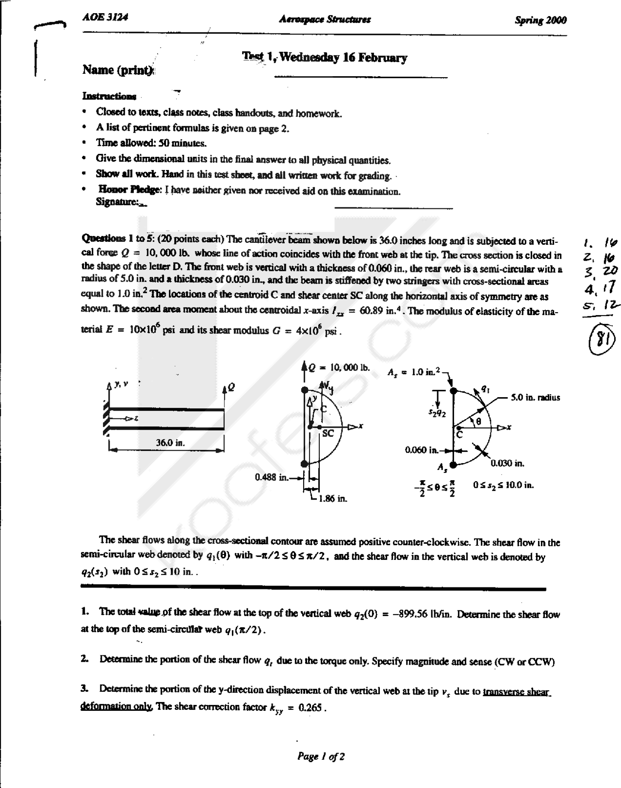 Test 1 With Answers Aerospace Structures Aoe 3124 Docsity