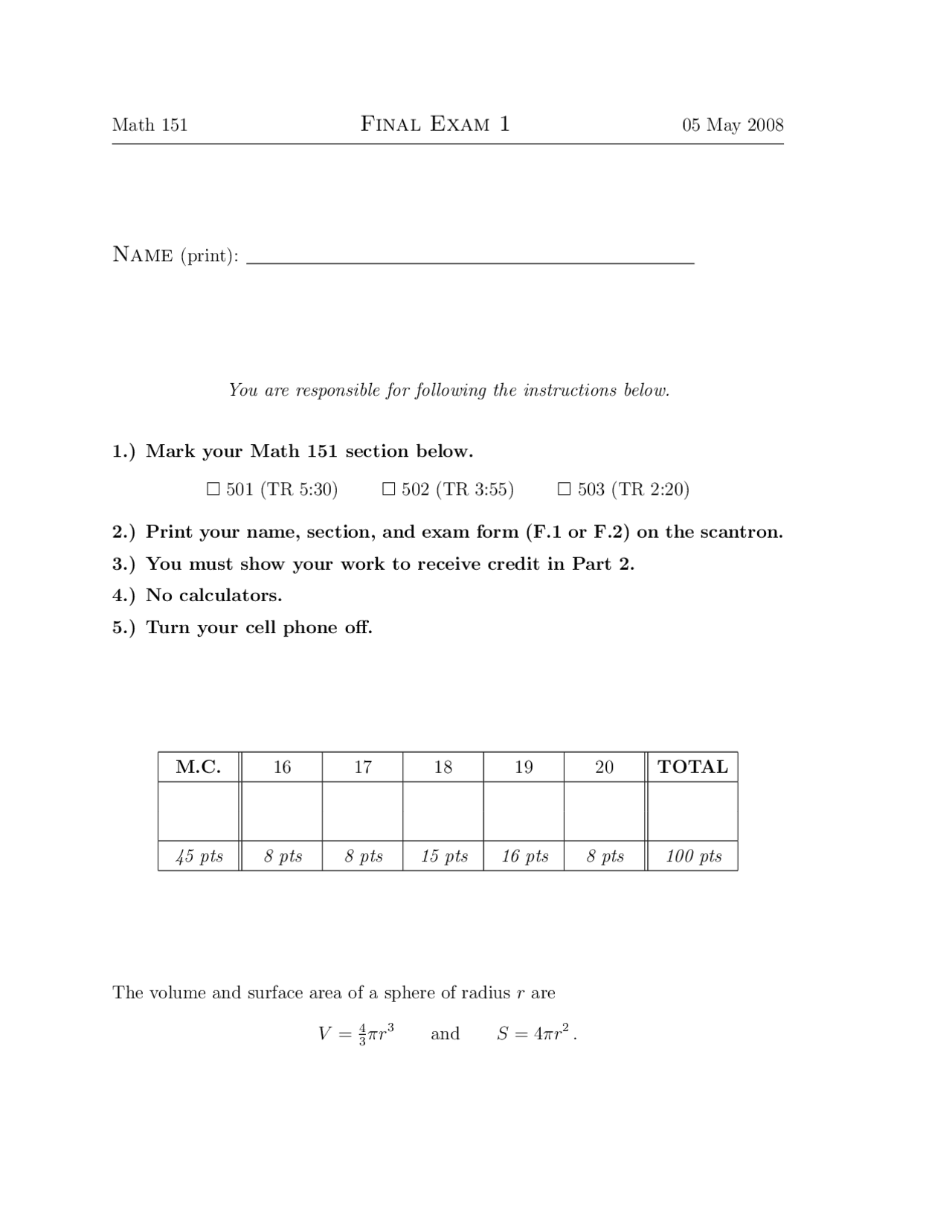 Final Examination On Engineering Mathematics I Spring 2008 Math 151