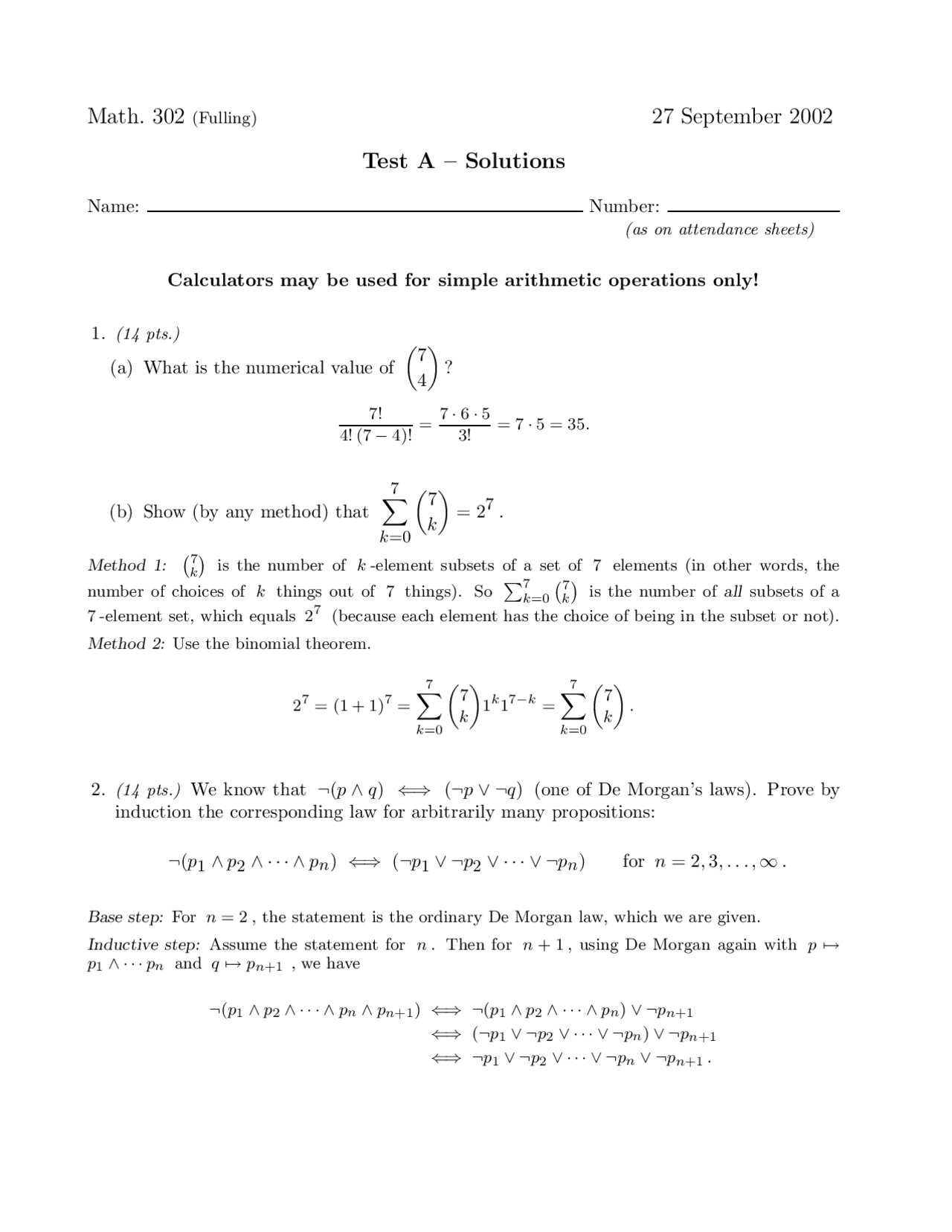 Test A Solutions Discrete Mathematics Math 302 Docsity