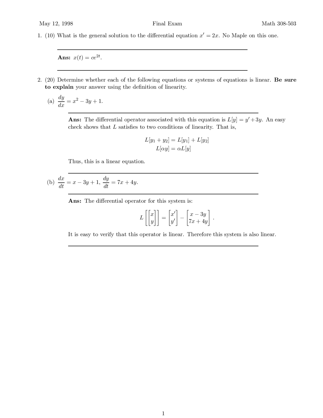 Final Exam With Answers Differential Equations Math 308 Exams