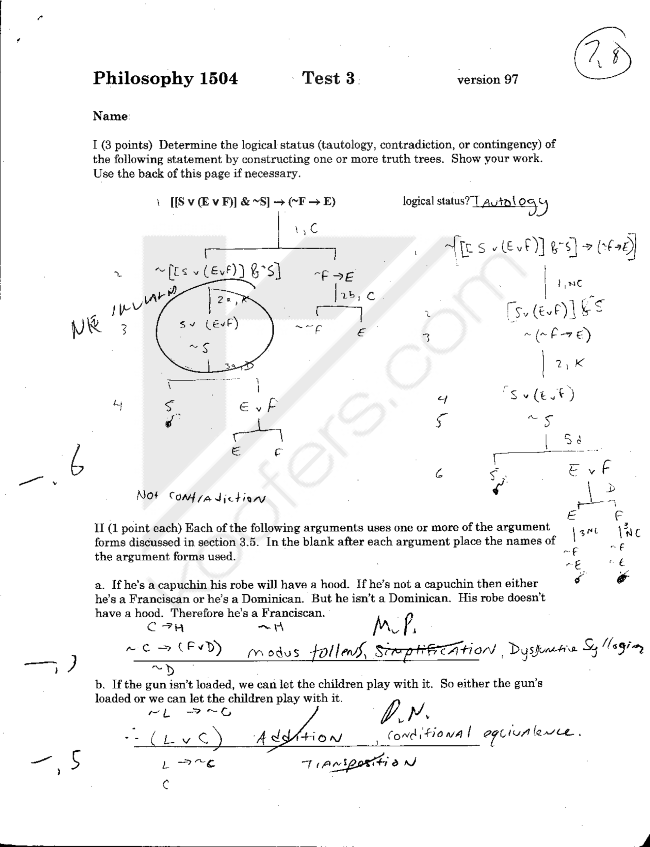 Test 3 With Solutions For Language And Logic Phil 1504 Docsity