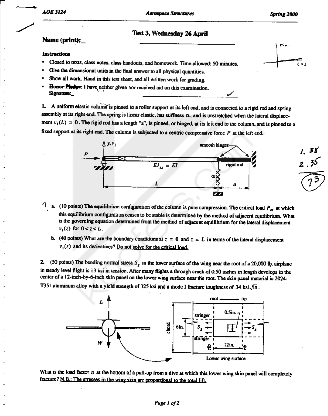 Aerospace Structures Exam 3 Spring 2000 Aoe 3124 Docsity
