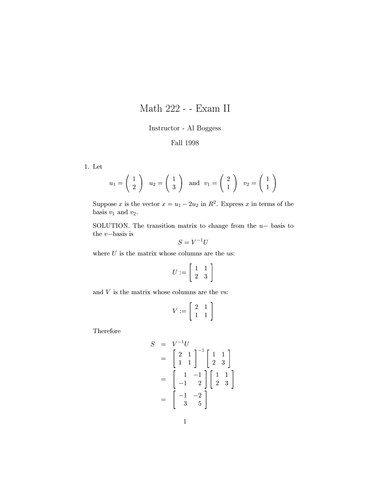 Resolution for Exam 2 - Linear Algebra | MATH 222 - Docsity