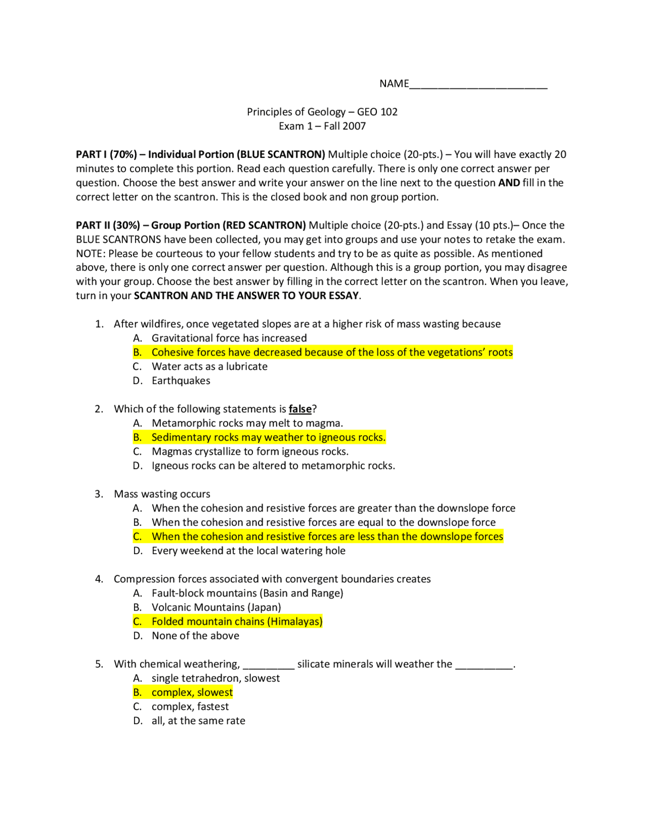 Exam 1 With Answers Principles Of Geology Fall 2007 Geo 10200