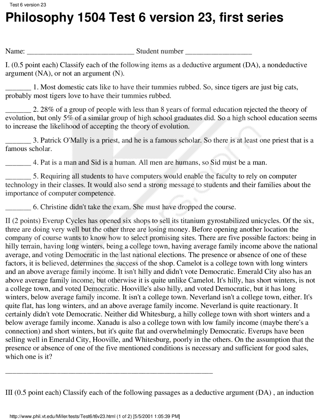 Test 6 Version 23 Language And Logic Phil 1504 Docsity